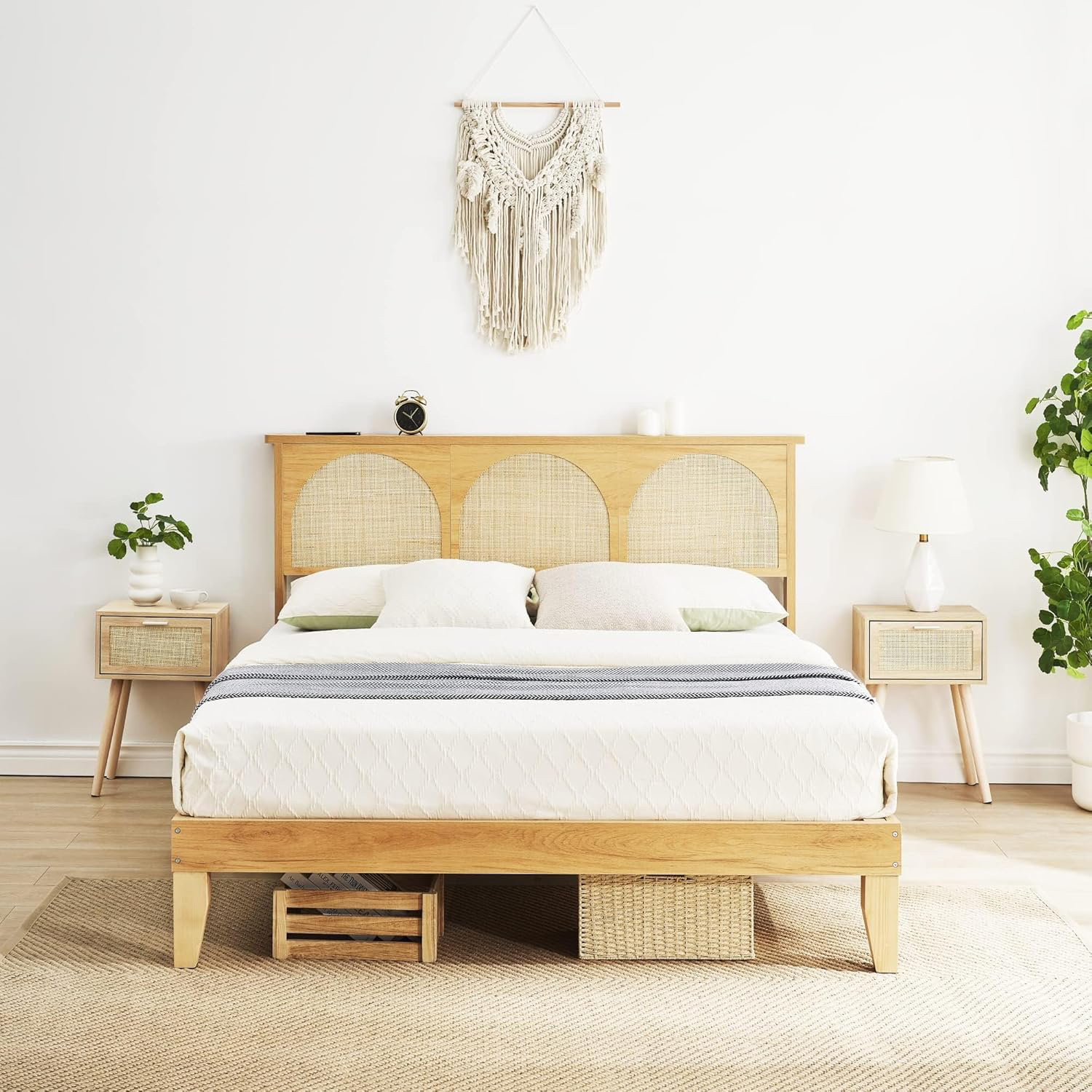 Bay Isle Home™ Full Size Bed Frame With Rattan Headboard, Boho Cane ...