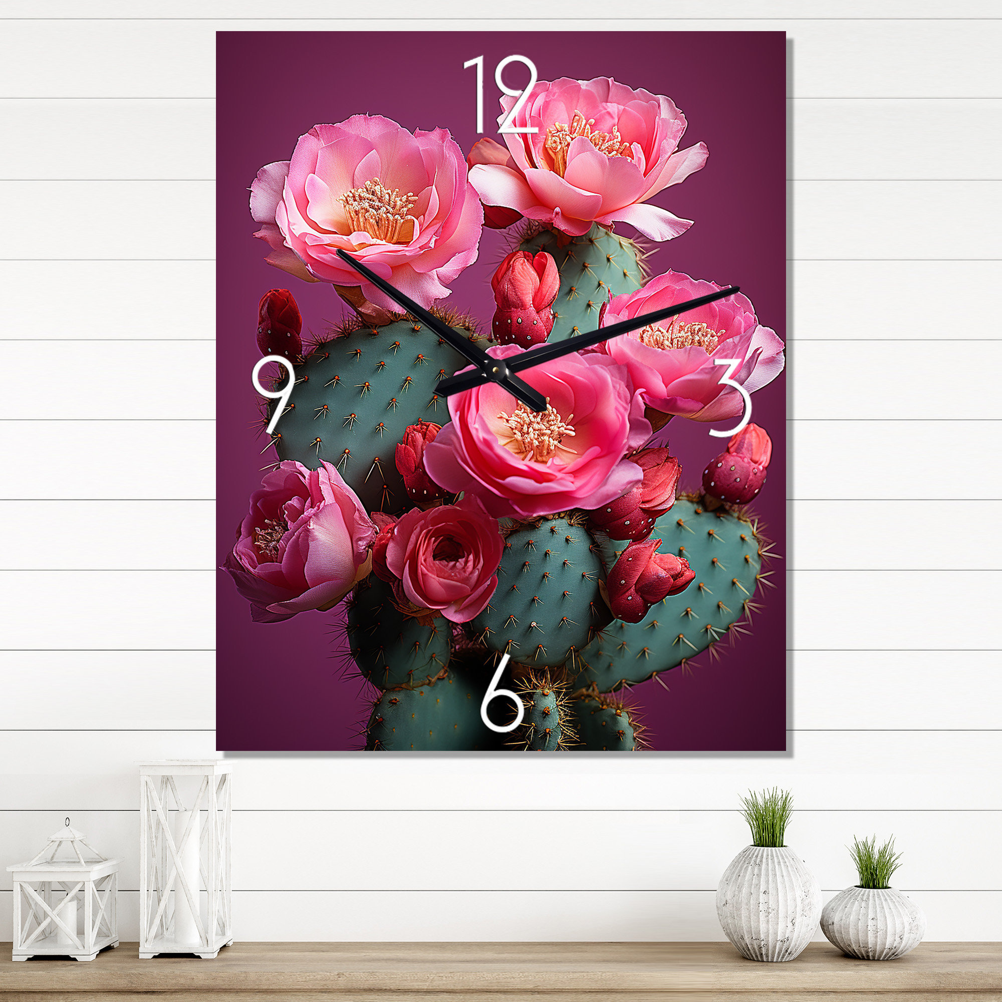 Design Art Pink Green Cactus Desert Bloom Prickly I - Floral Wall Clock ...