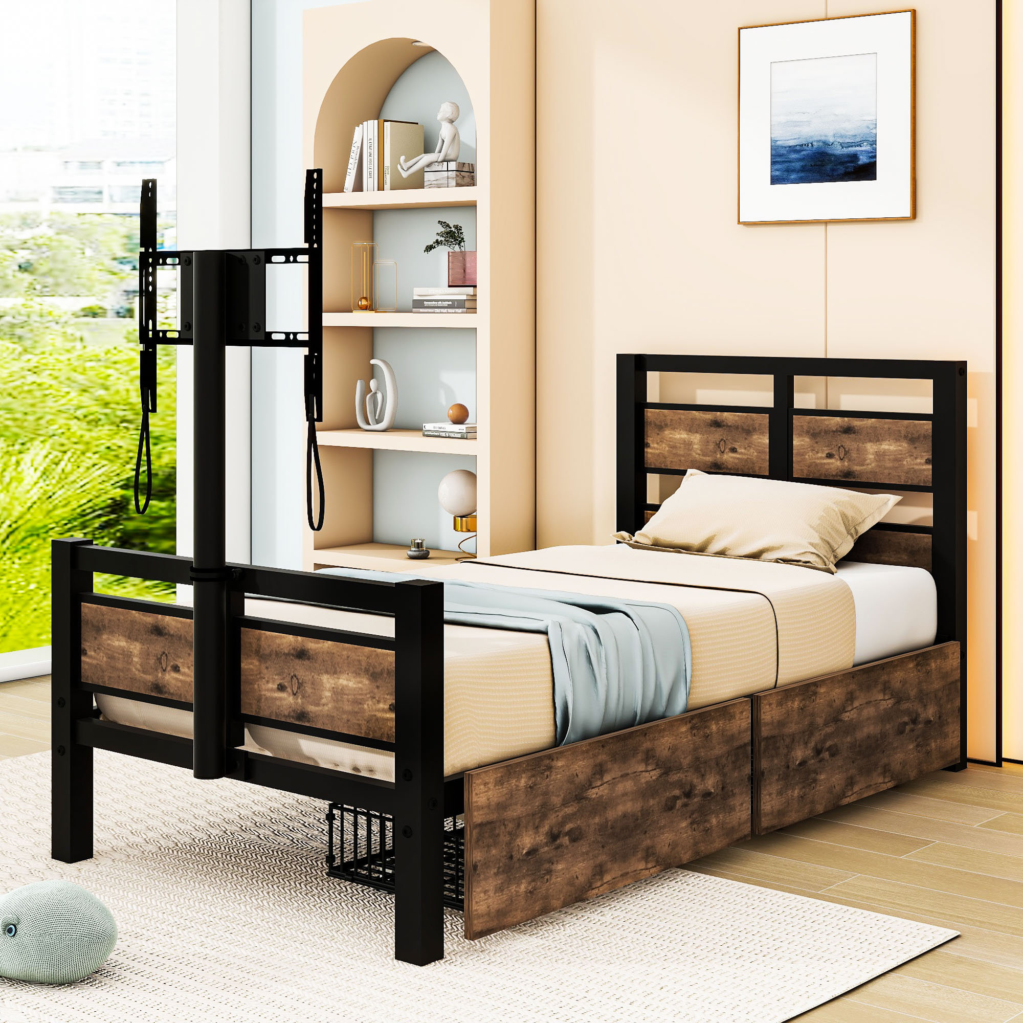 17 Stories Twin Metal Platform Bed with Rotatable TV Stand and 2 ...