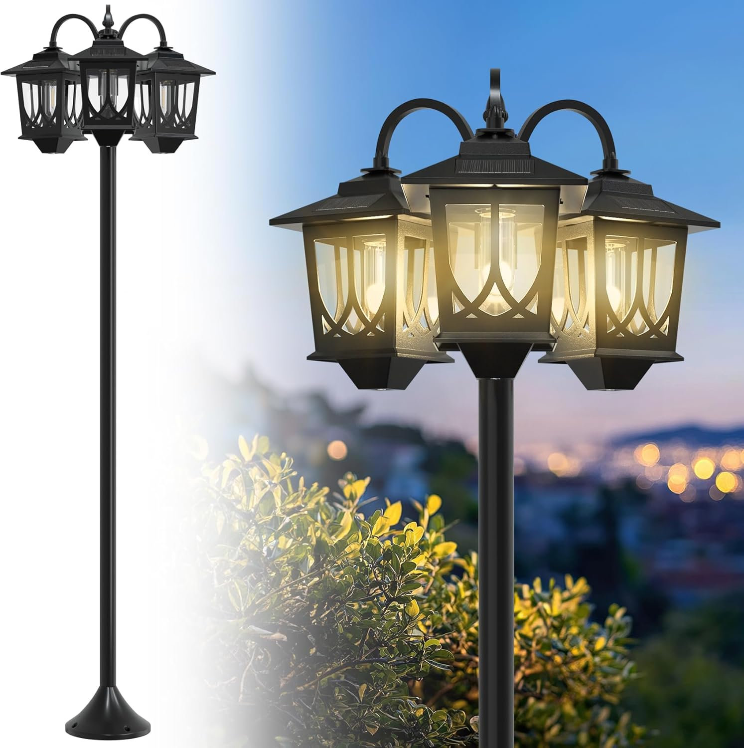 Alcott Hill 73" Aluminum Solar Lamp Post Light, 3-Head Solar Light ...