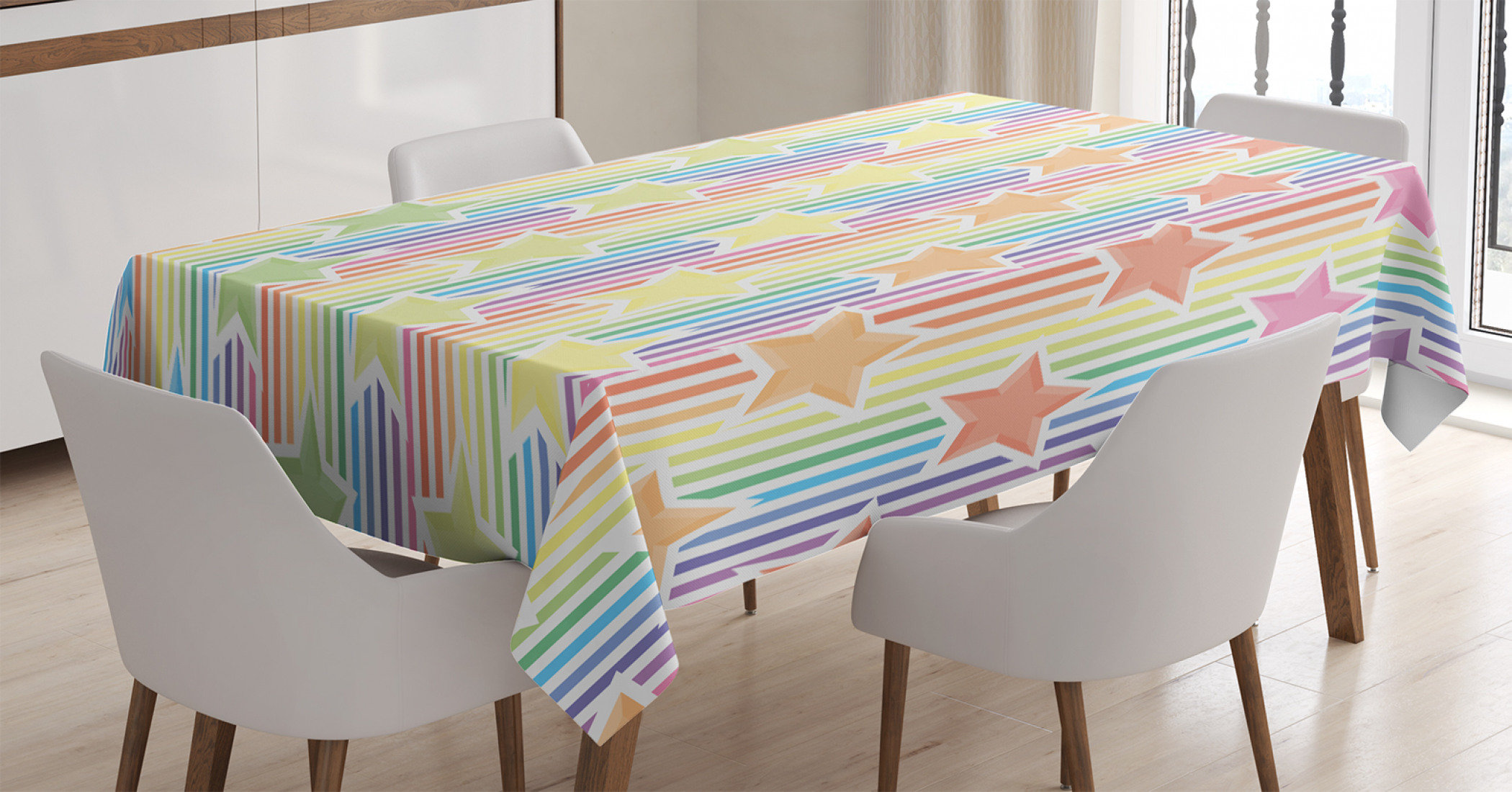 East Urban Home Star Tablecloth, Rainbow Stars On Colorful Striped ...