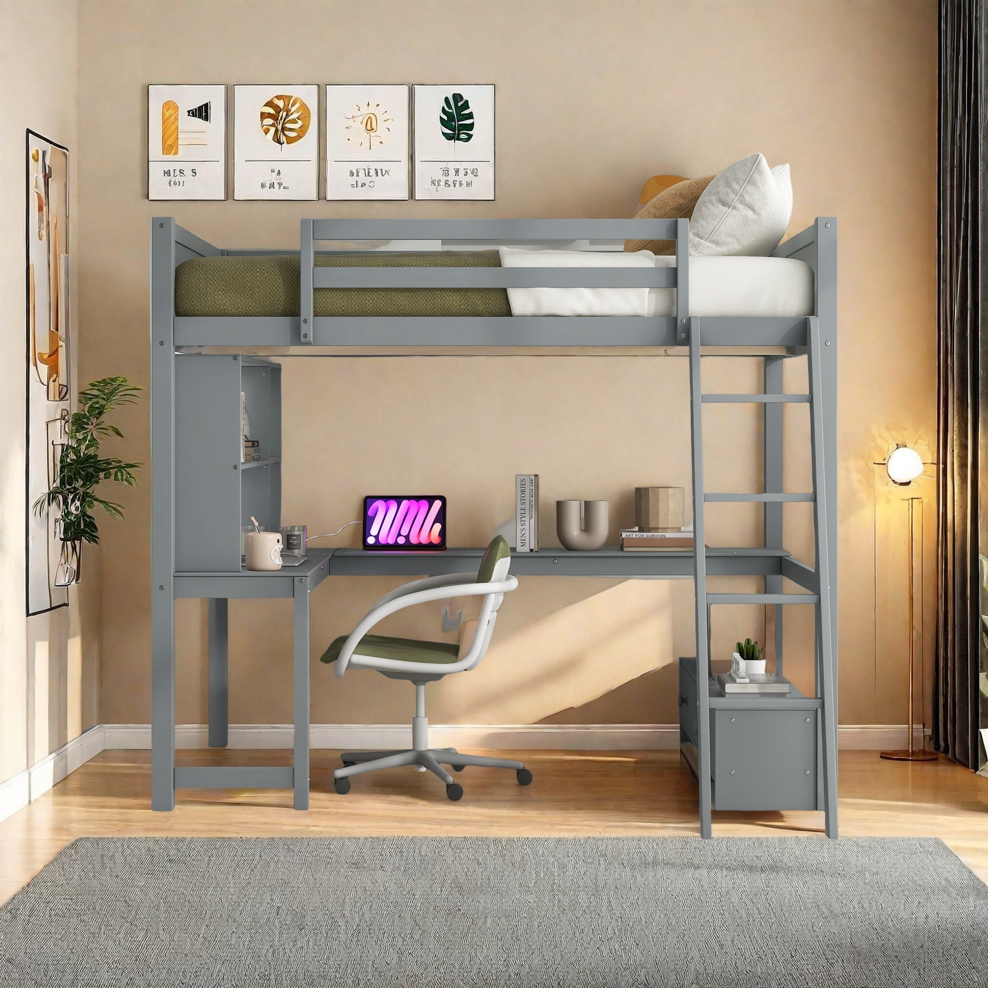 Harriet Bee Wood Bed With Built-In Desk, Charging Station, Led Light ...