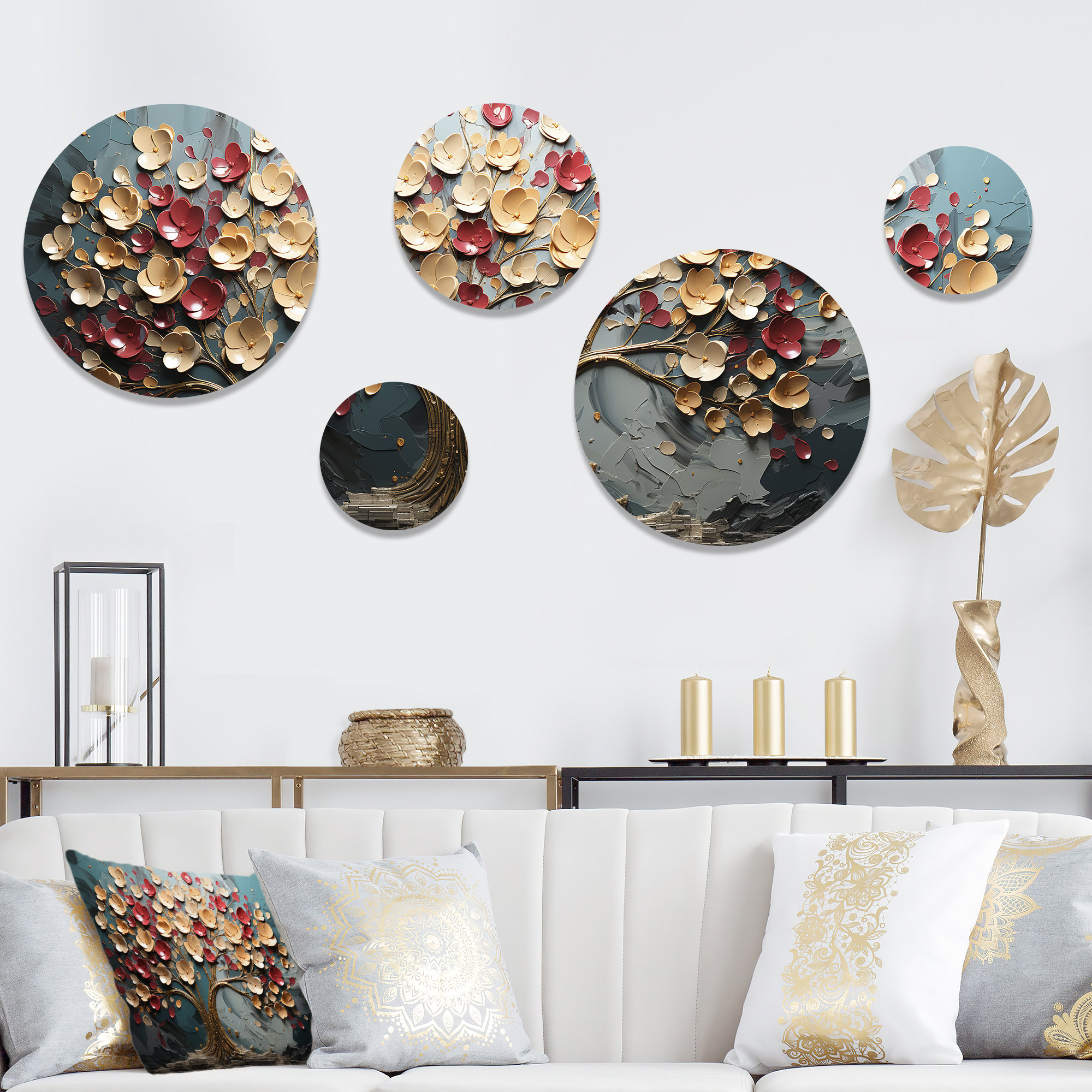 Mercer41 Red And Gold Flower Tree Moonlight Beauty II - Tree Round Wall ...