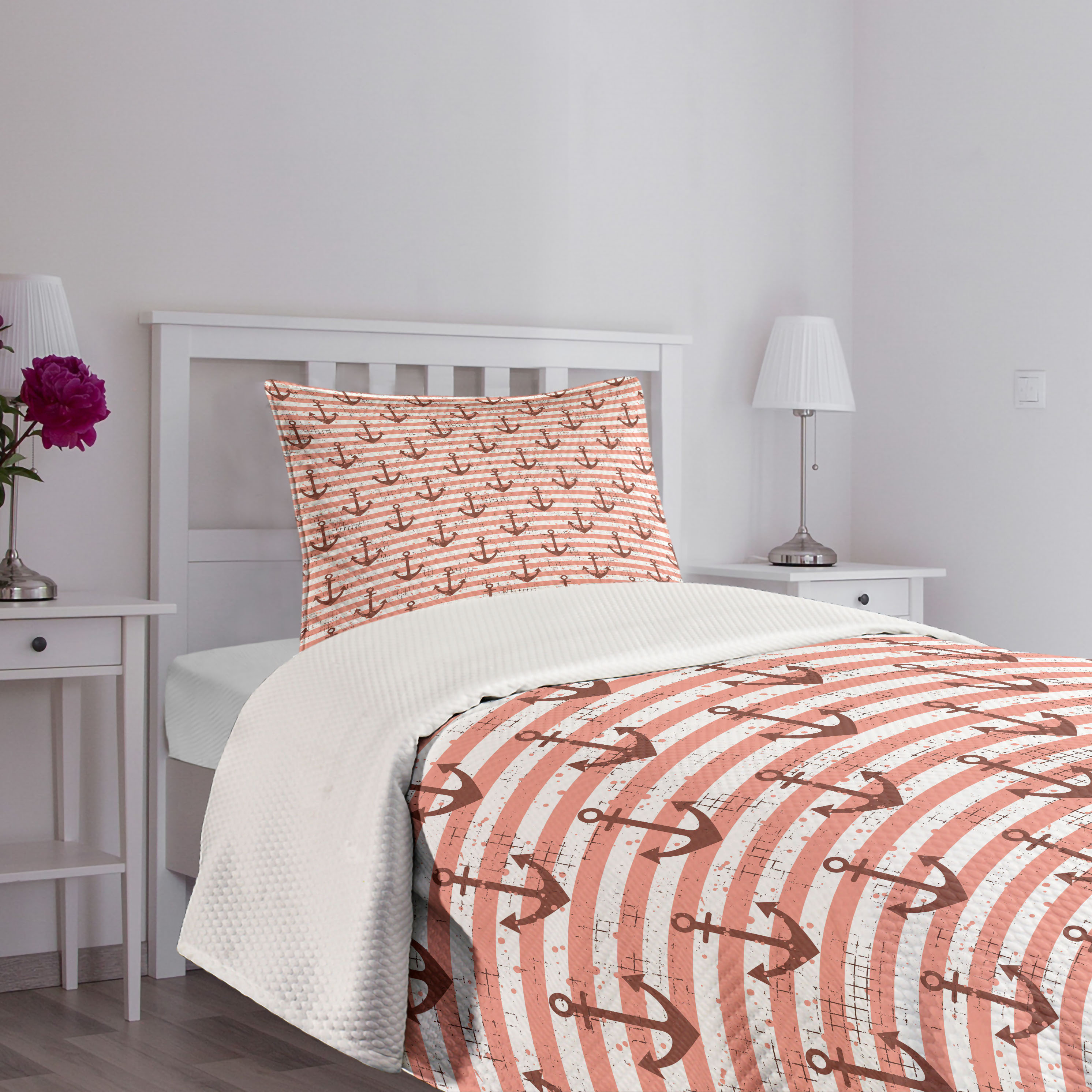 Ambesonne Anchor Bedspread Set Grunge Nautical Redwood Coral and White ...