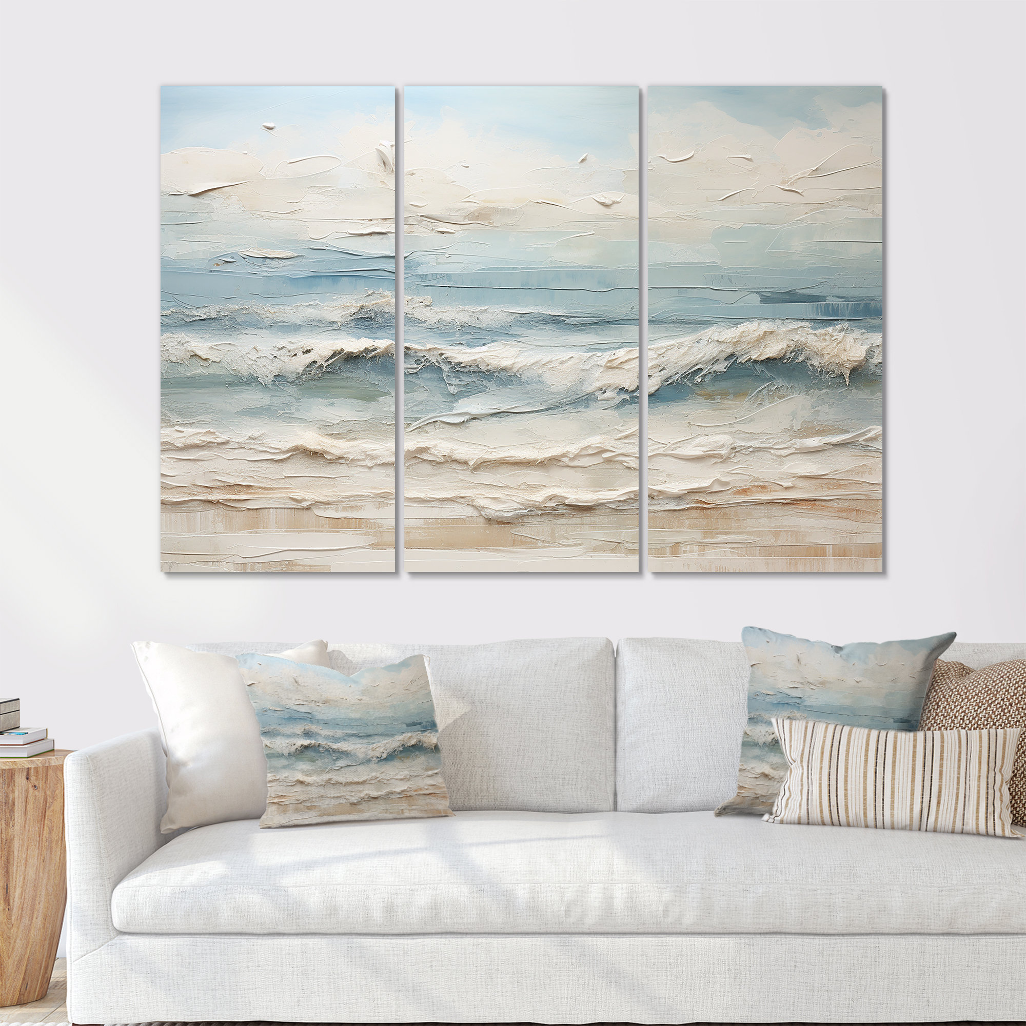Design Art Beige And Blue Coastal Beach Paint - Beach Wall Art Set ...