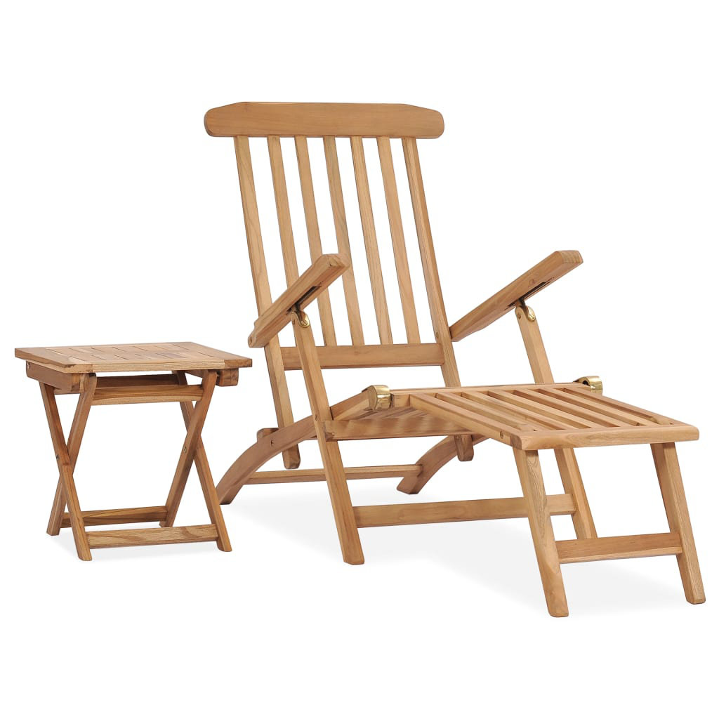 Gracie Oaks Patio Deck Chair with Footrest and Table Solid Teak Wood ...