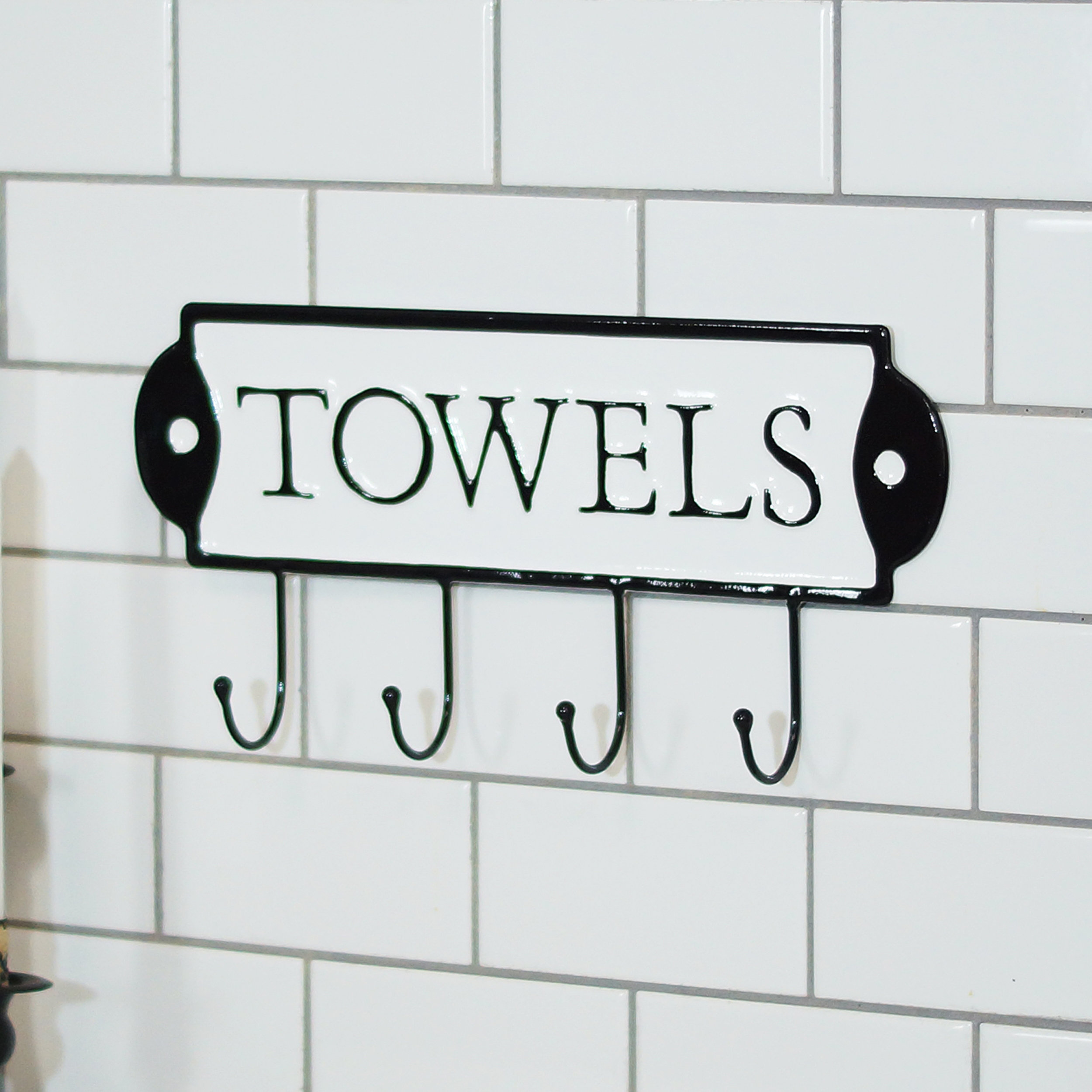 Gracie Oaks Metal 15 in. White Labeled Towel Hooks Sign | Wayfair