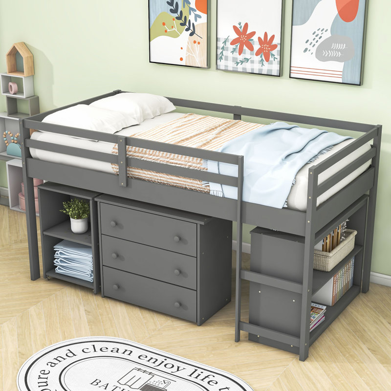 Harriet Bee Iago Kids Low Twin 3 Drawers Wood Loft Bed with Rolling ...
