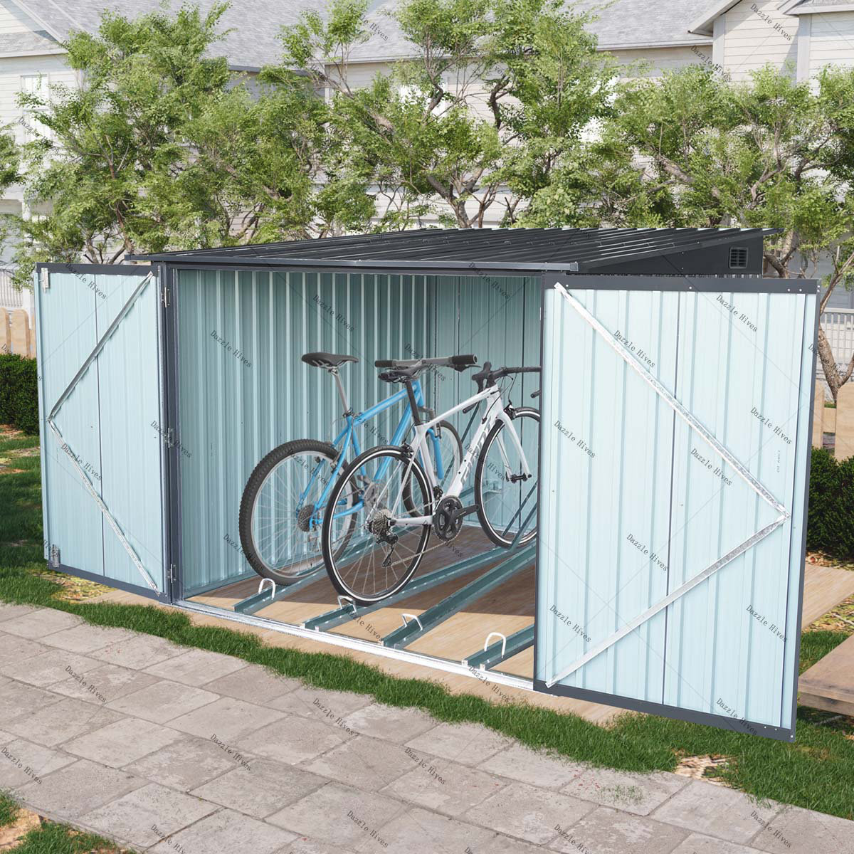 Dazzle Hives Outdoor Steel Storage Shed For Bicycle with Slope Roof and ...