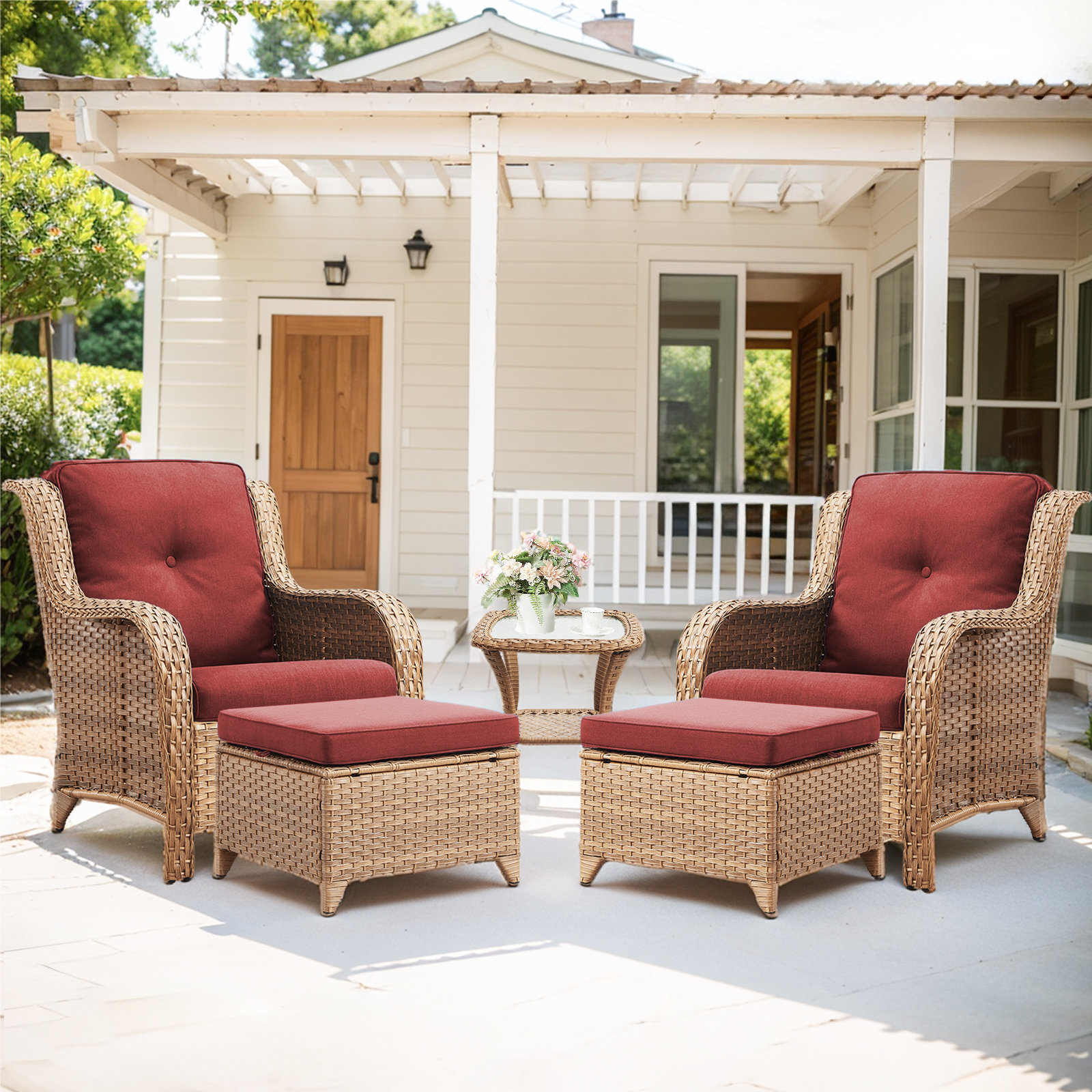 Hummuh Carolina 5-Piece Wicker Outdoor Conversation Set With Olefin ...