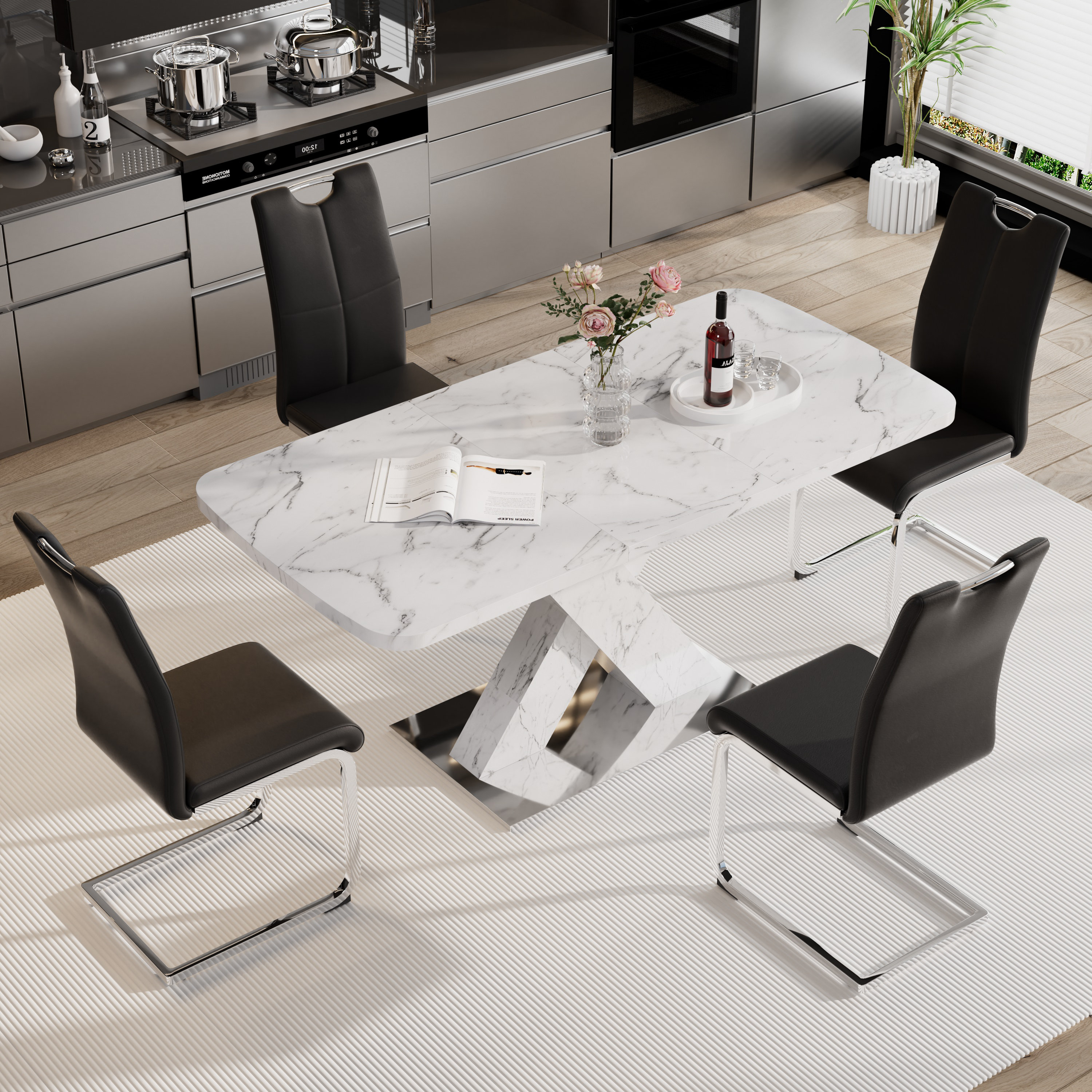Wrought Studio™ Modern Rectangular Dining Table Set with Leather Chairs ...