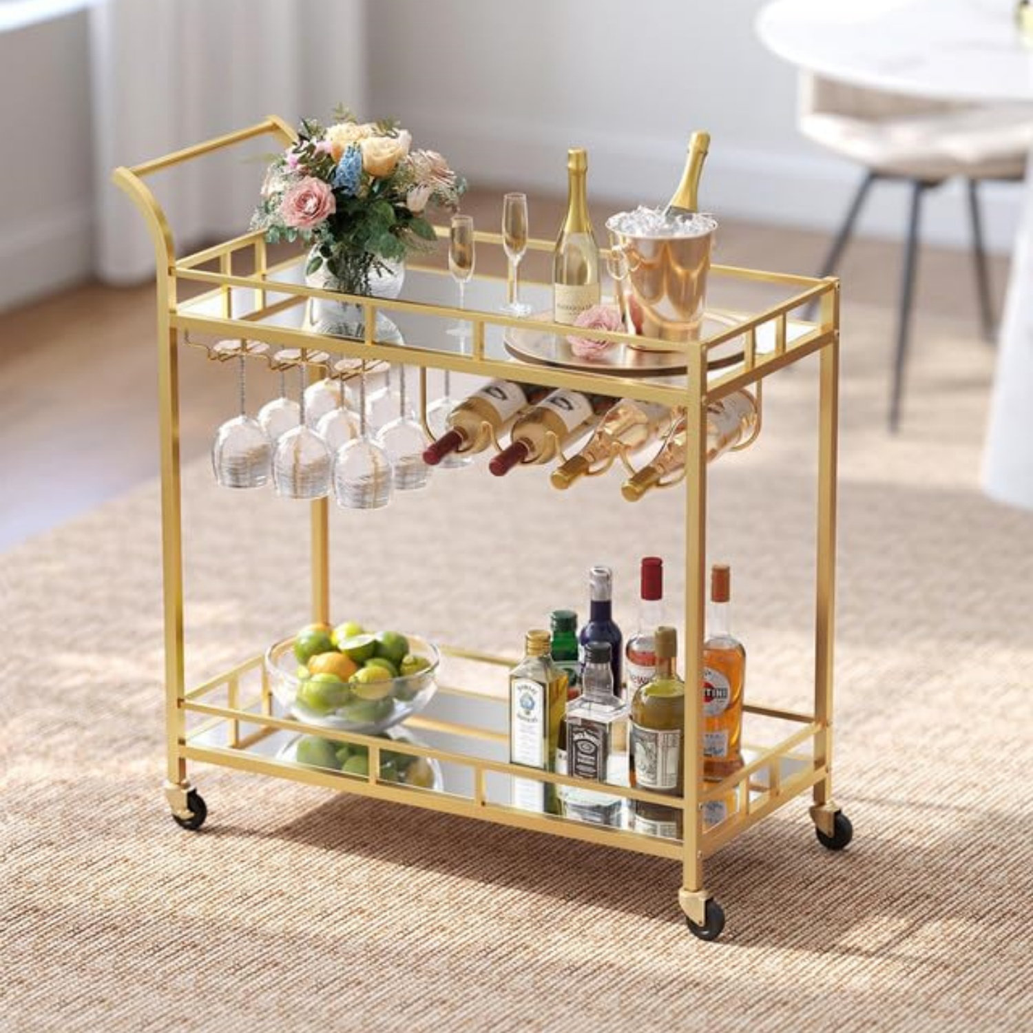 Everly Quinn Home Bar Serving Cart With 2 Mirrored Shelves, Wine ...