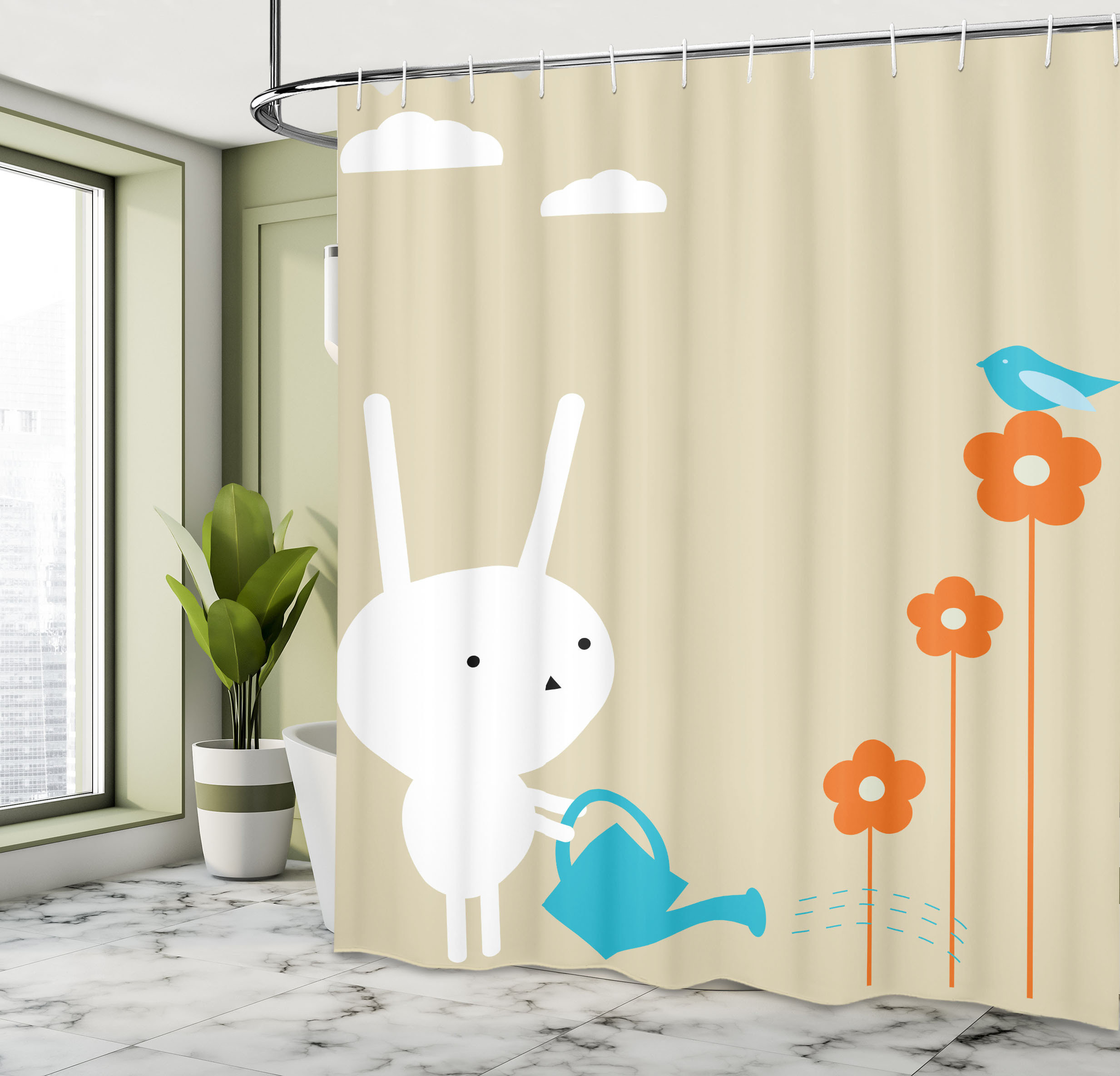 East Urban Home Animal Shower Curtain Bunny with Flowers White Tan and ...