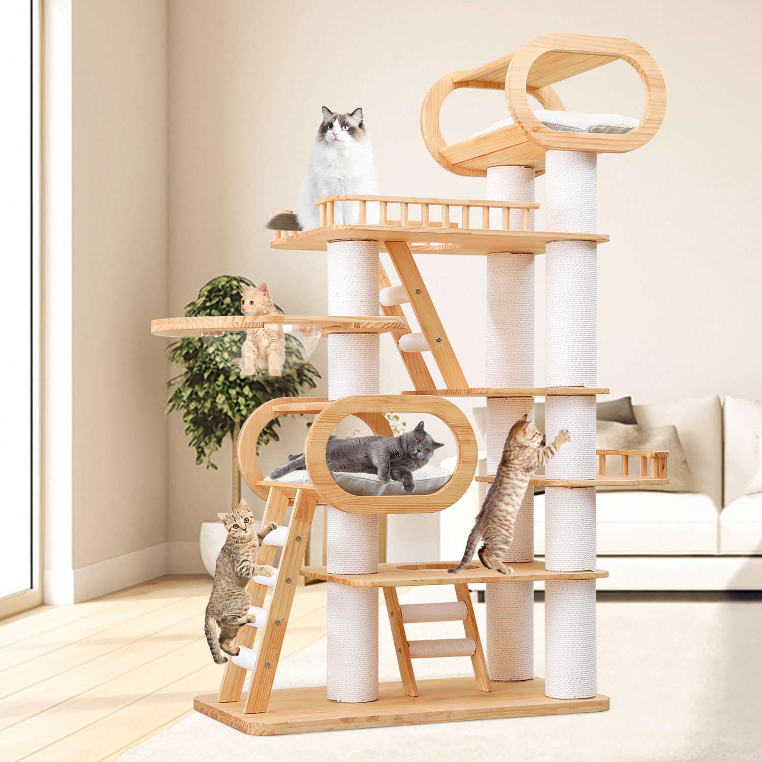 KZLAA 76.7 H Large Solid Wood Cat Tree Multi-Level Tall Cat Tower Cat ...