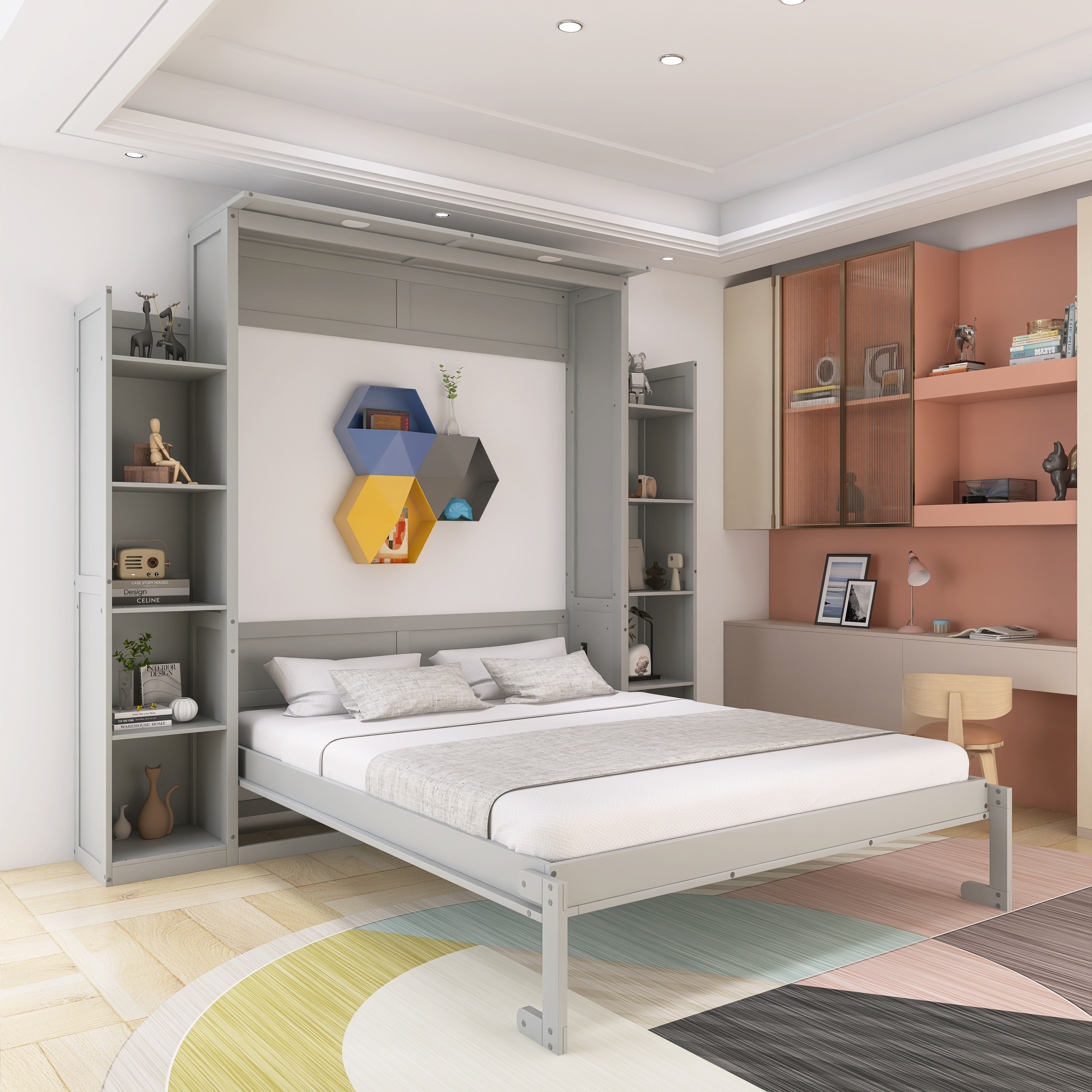 Wildon Home® Bilroy Murphy Bed Wall Bed with Shelves and LED Lights ...