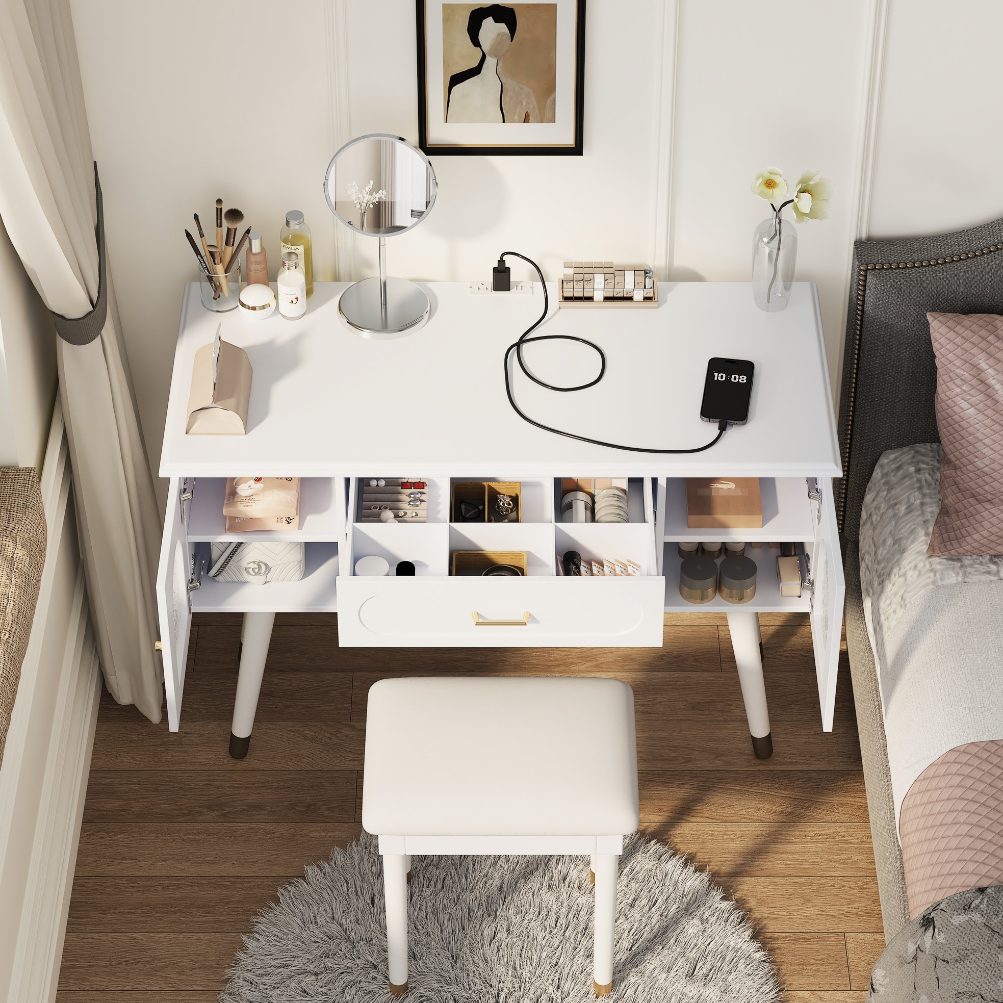 Corrigan Studio® Elegant Vanity With Power Outlets, Ample Storage, And ...