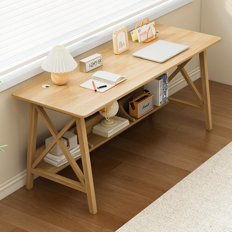 Gracie Oaks xtra Long Desk with Bookshelf - Solid Wood Home Office Work ...