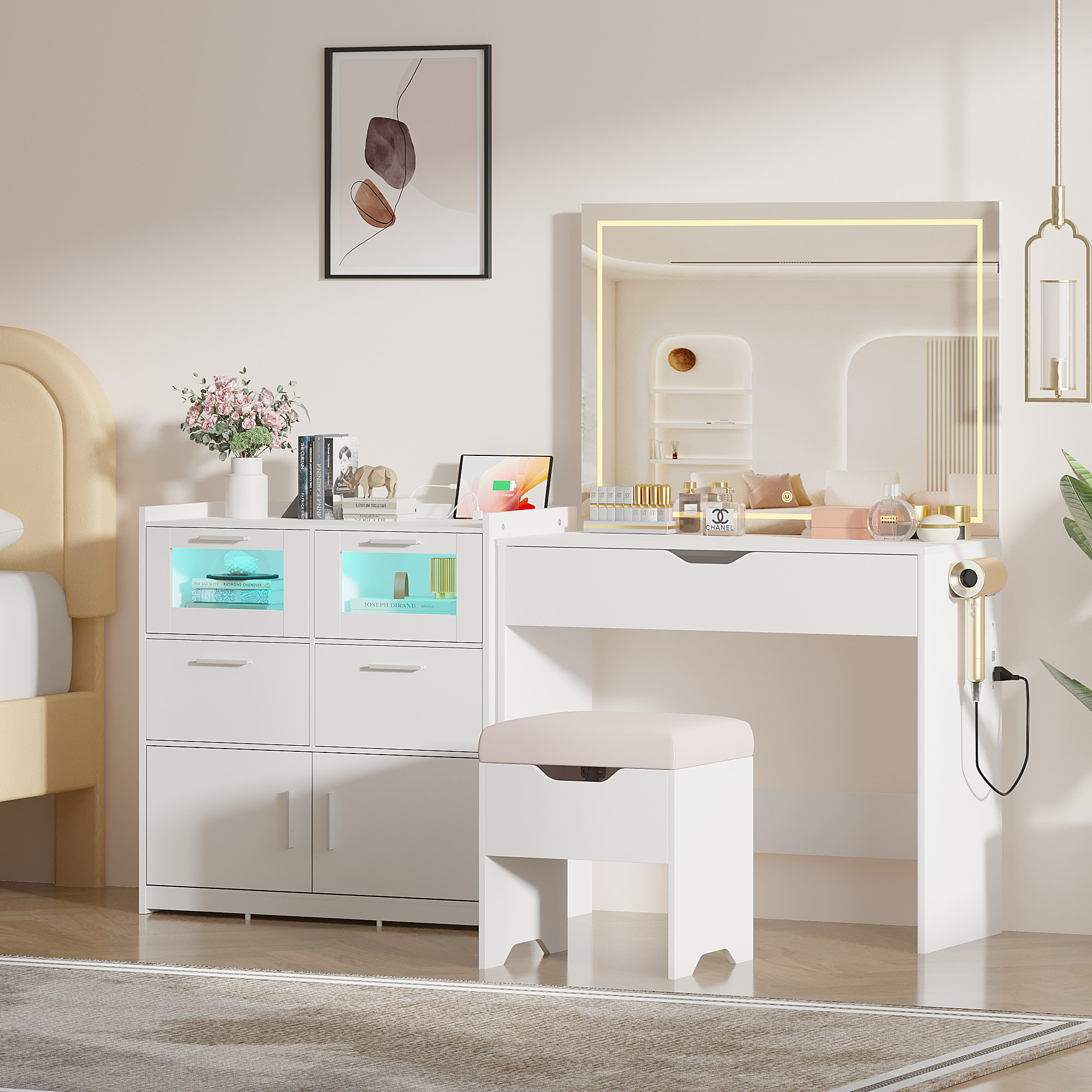 Ebern Designs 2 Pieces White Bedroom Set Makeup Vanity Table And ...