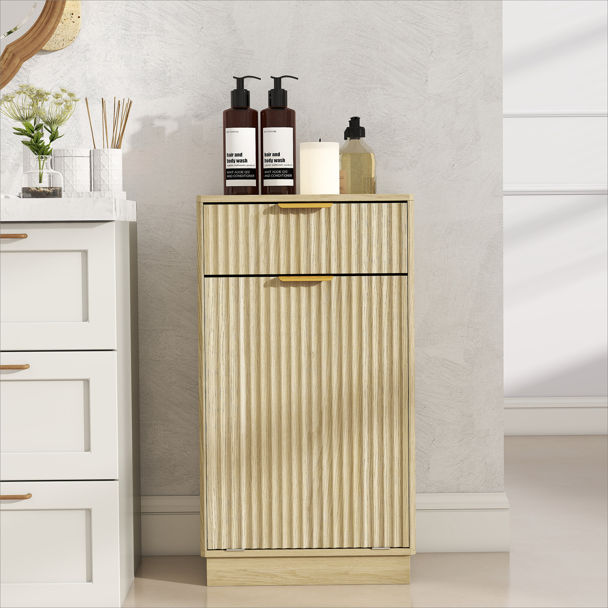 Ebern Designs 10-Gallon Woodgrain Tilt-Out Trash Can Cabinet Wooden ...