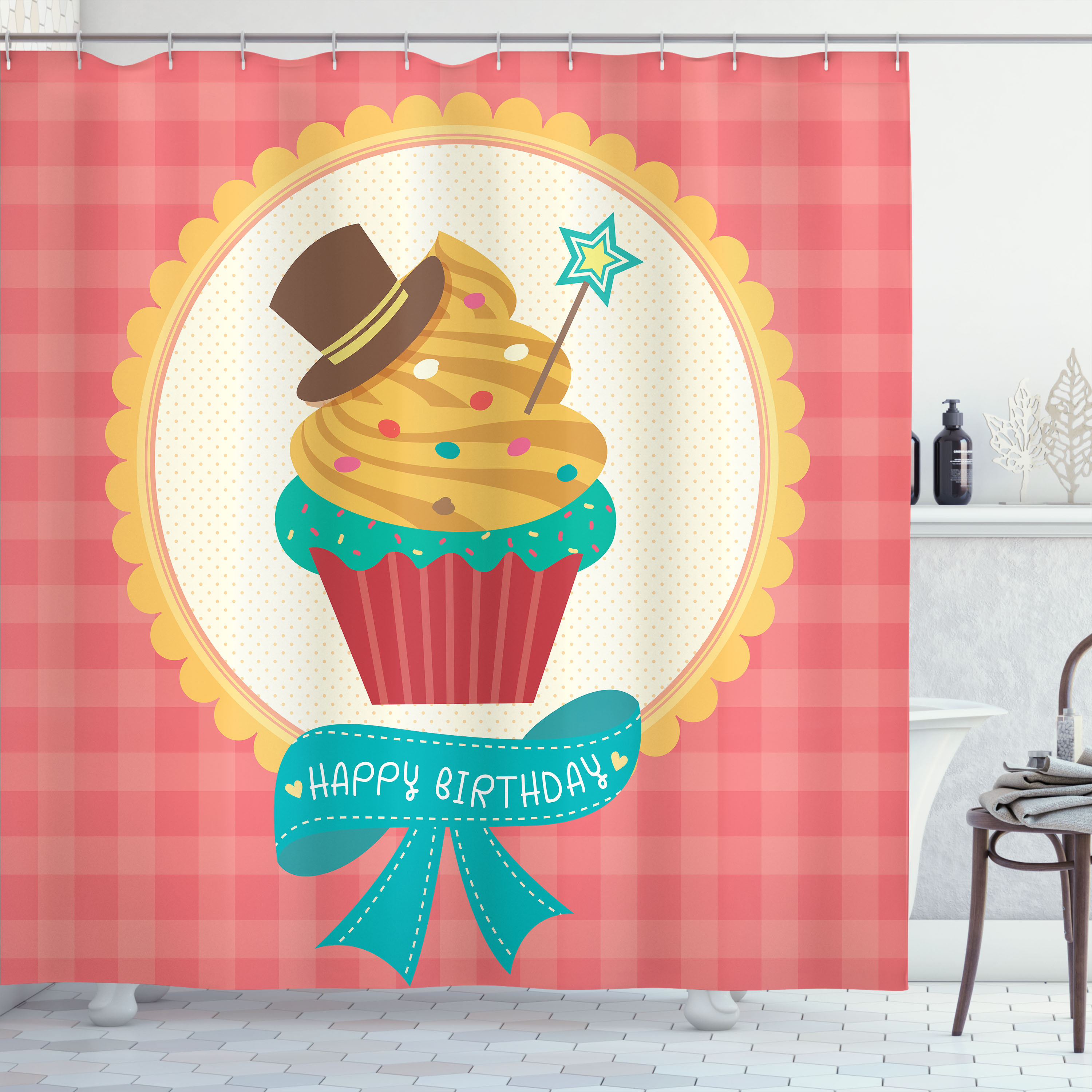 The Holiday Aisle® Cupcake Shower Curtain Happy Birthday Calligraphy ...
