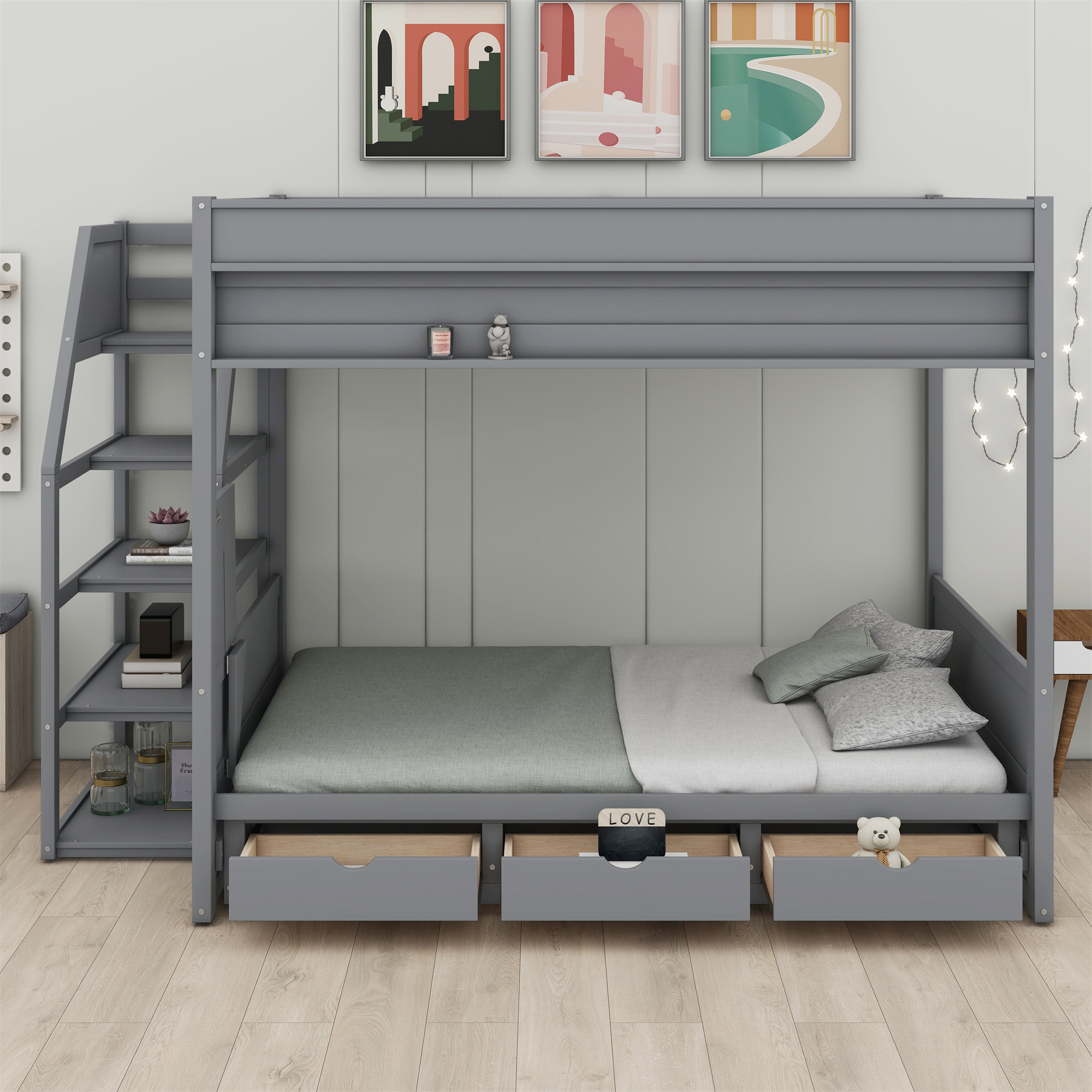 Harriet Bee Convertible Bunk Bed With Storage Staircase, Bedside Table ...