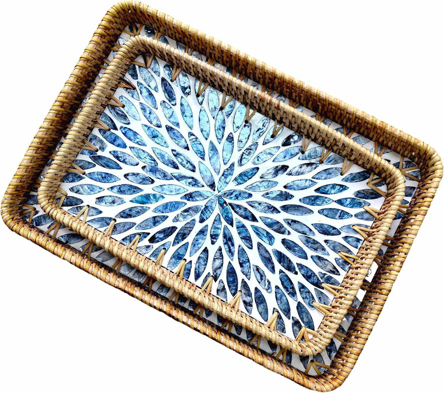 WINUAL Set Of 2 Rectangle Rattan Wicker Serving Trays With Mother Of ...