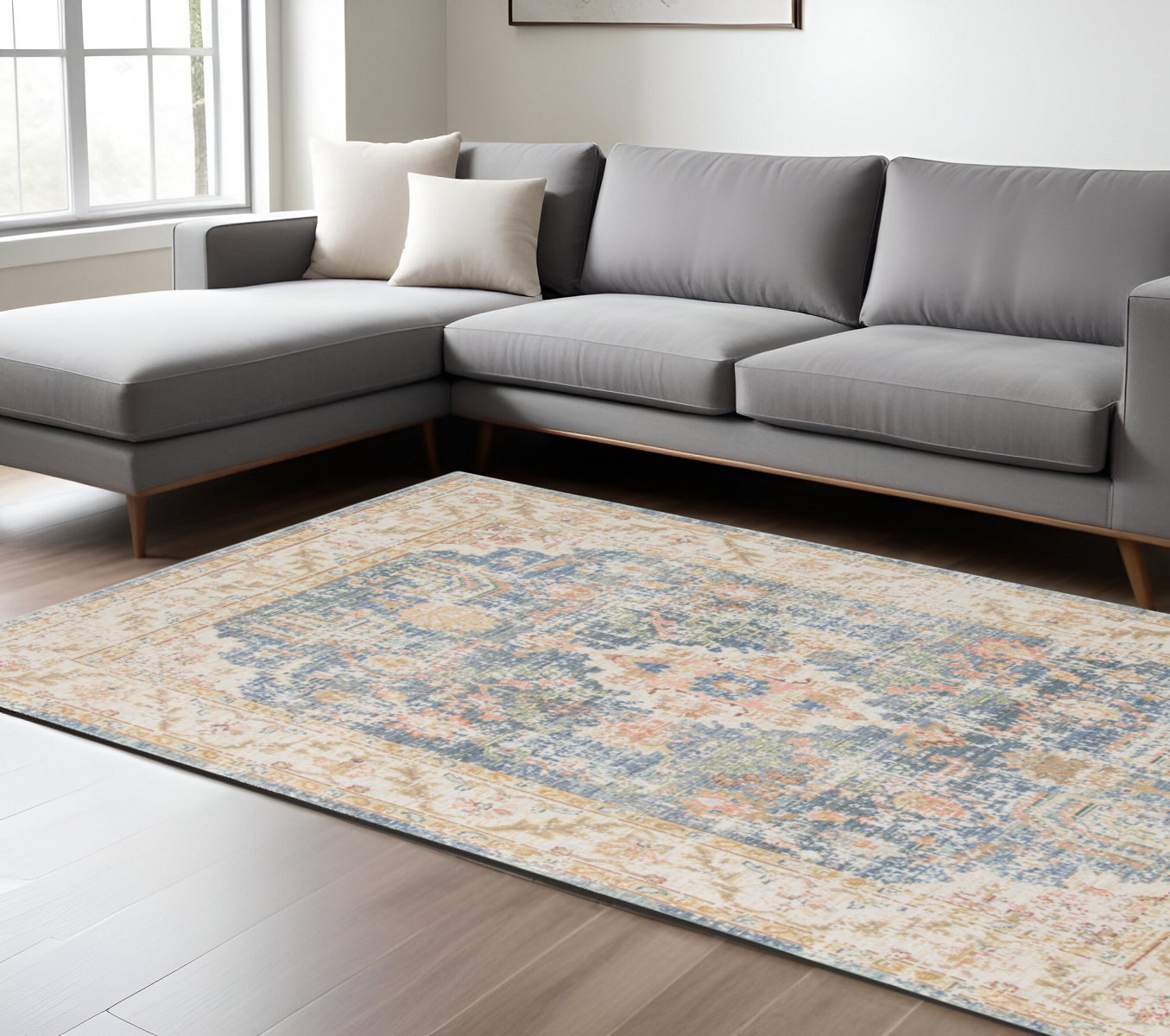 HomeRoots Tapis floral bleu doré et orange 8 pi x 10 pi - Wayfair Canada