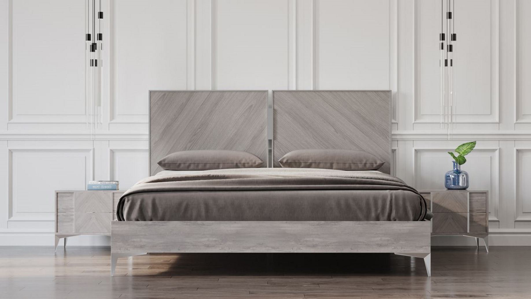 Wrought Studio™ Alexa Italian Modern Grey Bed + 2 Nightstands Set ...