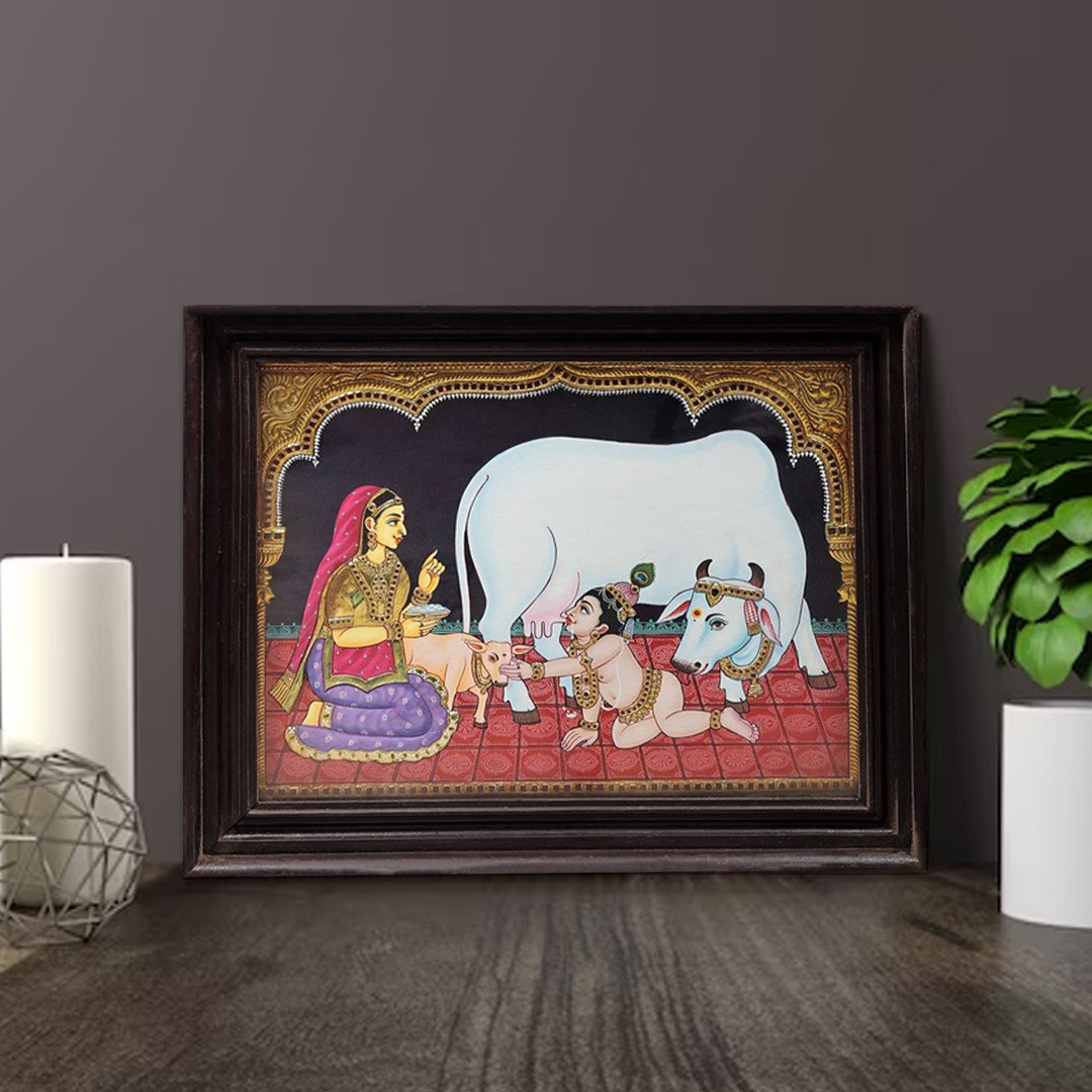Bungalow Rose Butter Krishna and Yashoda With Cow Tanjore Painting ...
