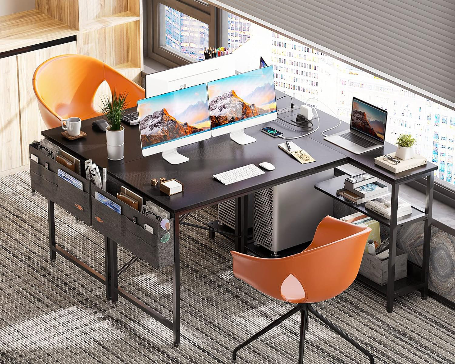 Inbox Zero L Shaped Gaming Computer Desk With Power Outlets, Corner ...