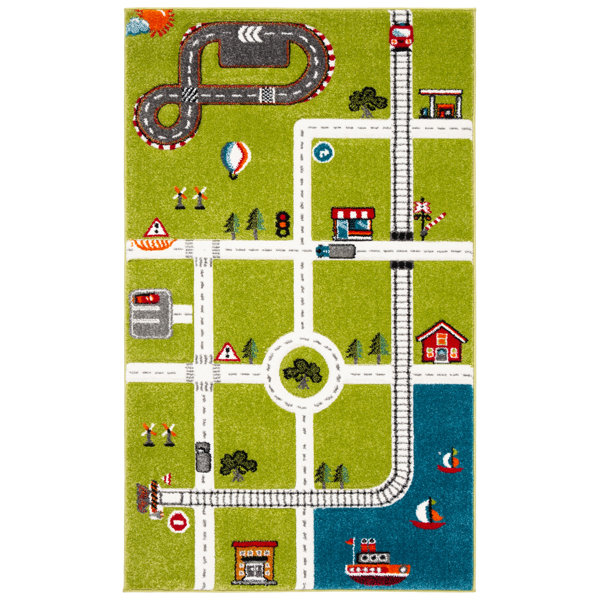 Zoomie Kids Carousel Kids Racetrack Area Rug In Green / Ivory | Wayfair ...