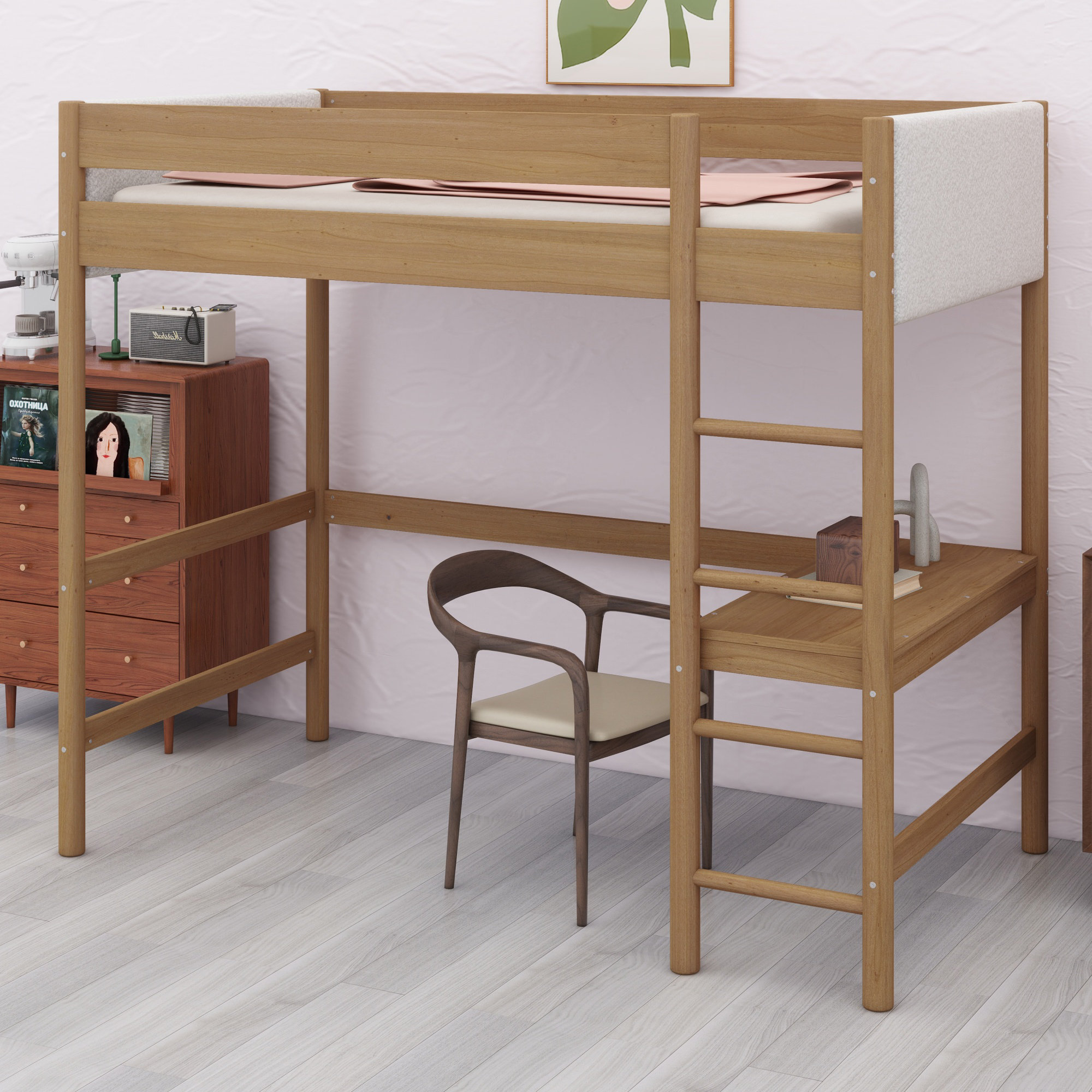 Harriet Bee Loft Bed With Desk, Upholstered Headboard And Footboard ...