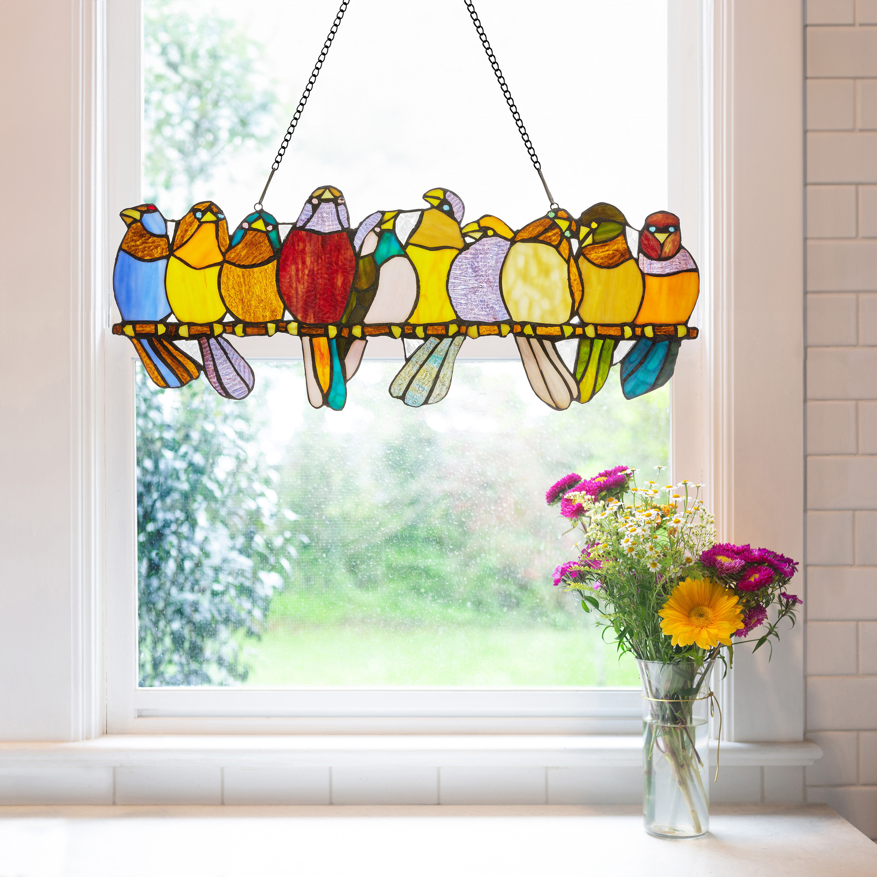 August Grove Multi-Colored Stained Glass Birds on a Wire Window Panel ...