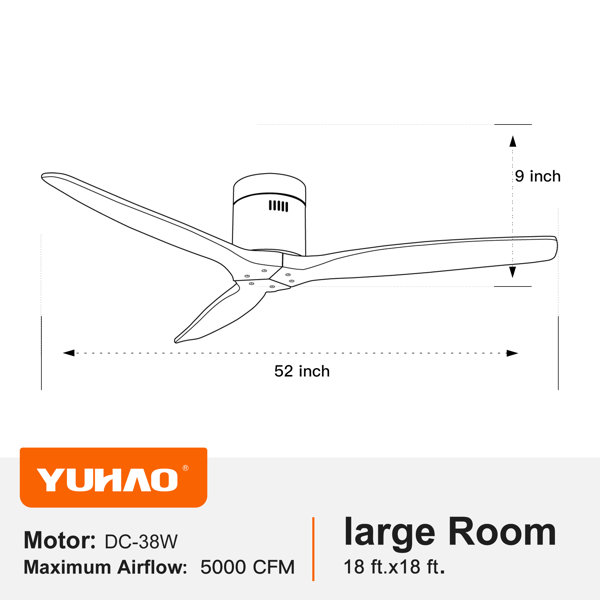 YUHAO 52" 3-Blades Flush Mount Wood Ceiling Fan without Light & Reviews ...