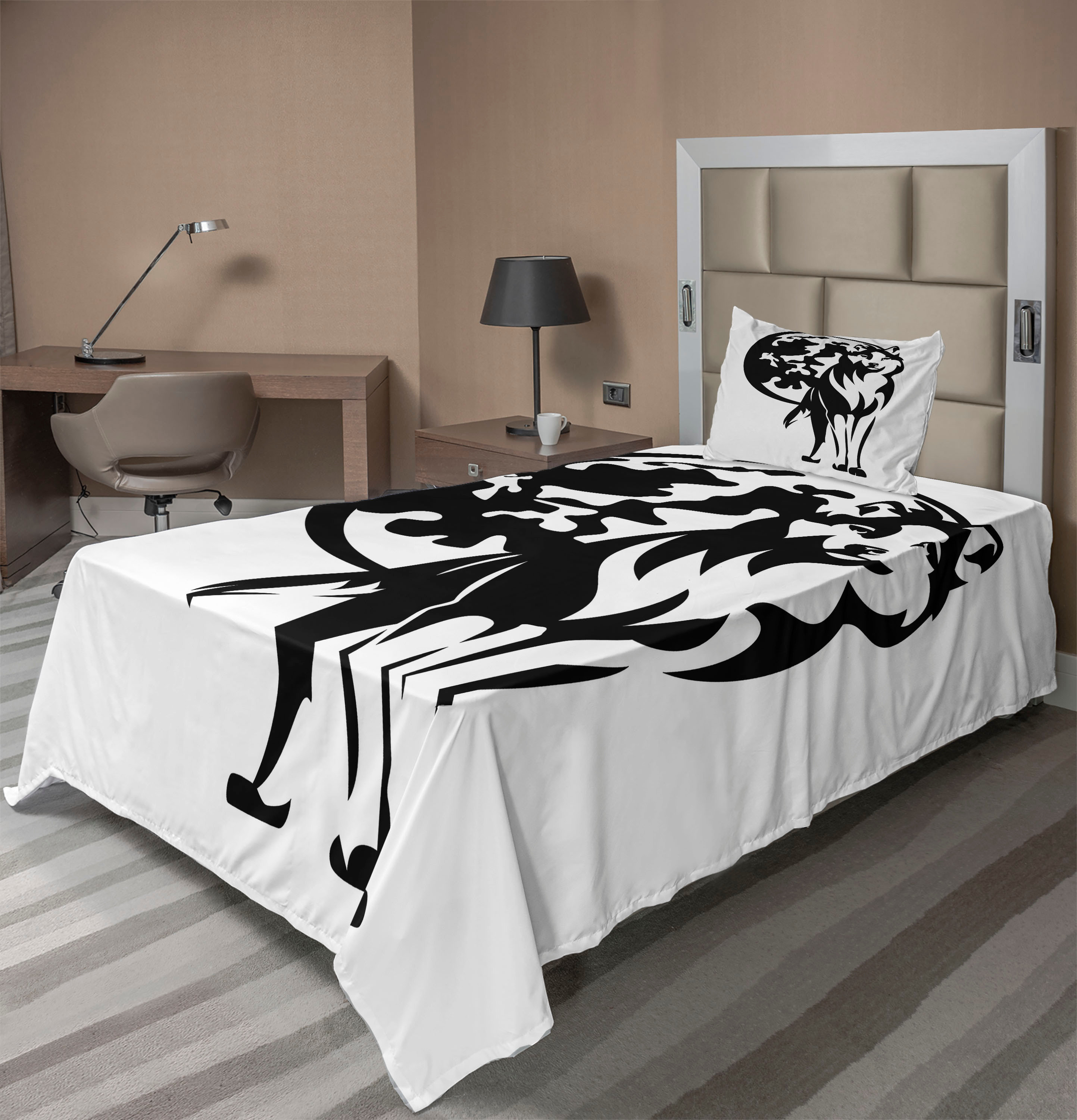 Ambesonne Wolf Sheet SetMoon and Animal Drawing Charcoal Grey and White ...