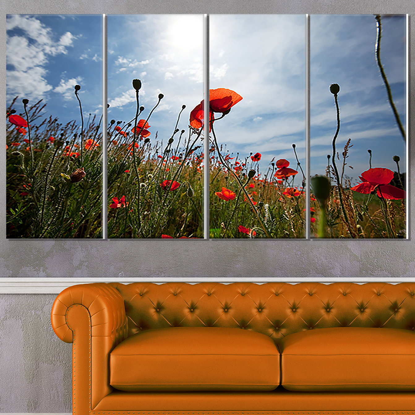 Design Art 'Poppy Flower Field View From Ground' 4 Piece Photographic ...
