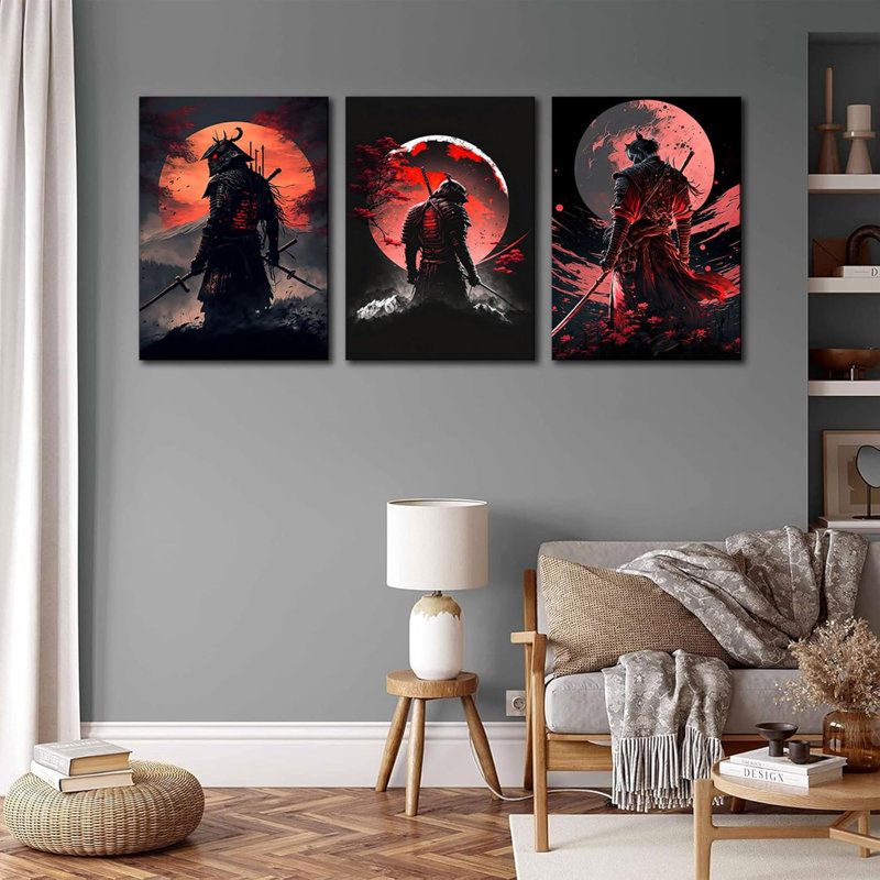 Trinx 3Pcs Japan Samurai Canvas Wall Art Japanese Style Full Moon Ninja ...
