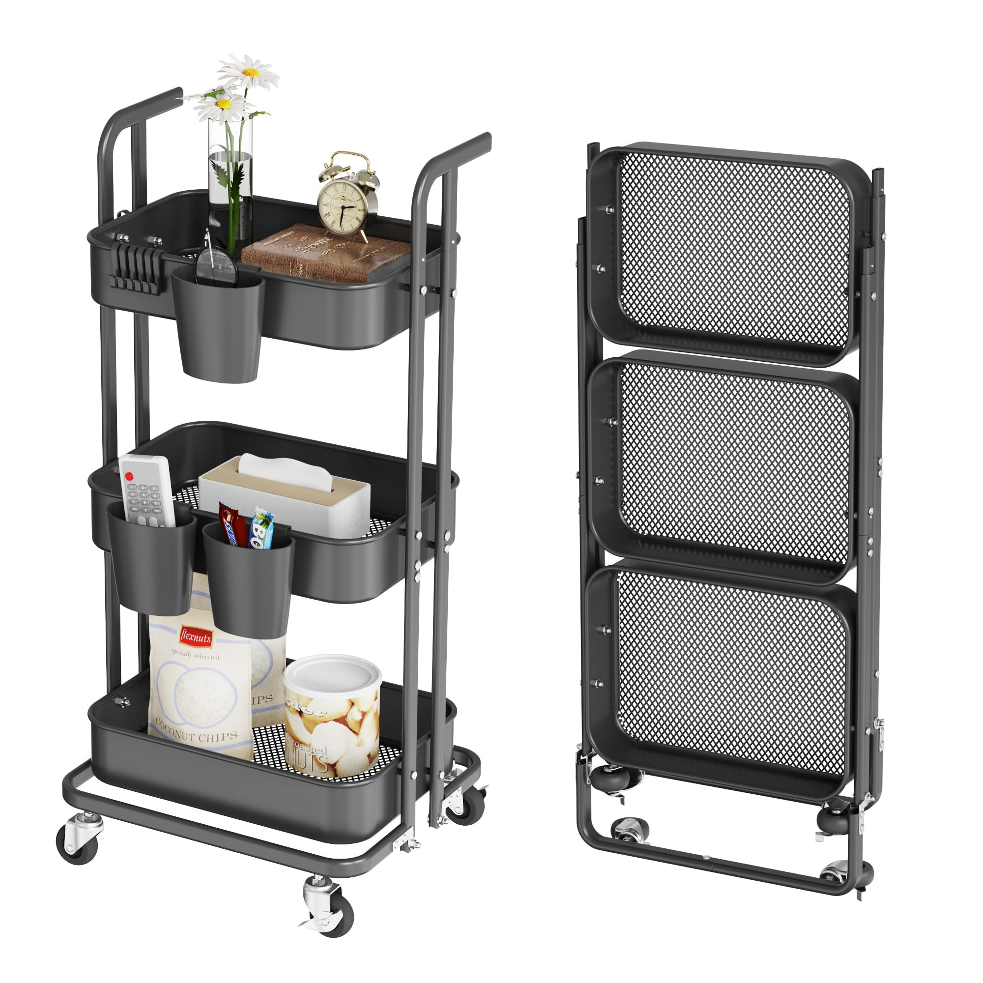 ACTIVE DOOR & WINDOW 3-Tier Foldable Rolling Cart, Metal Utility Cart ...