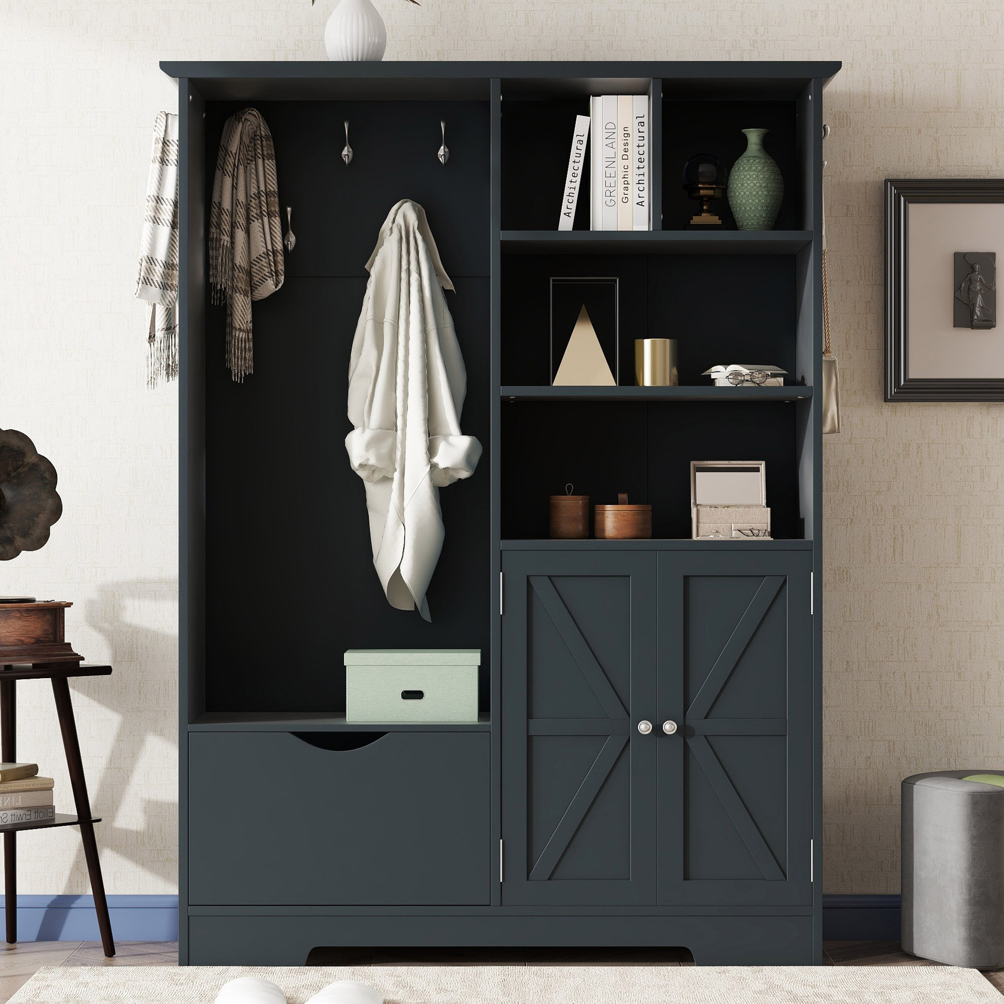 HomeViewto Multi-Functional Hall Tree With Storage Shelves Drawers And ...