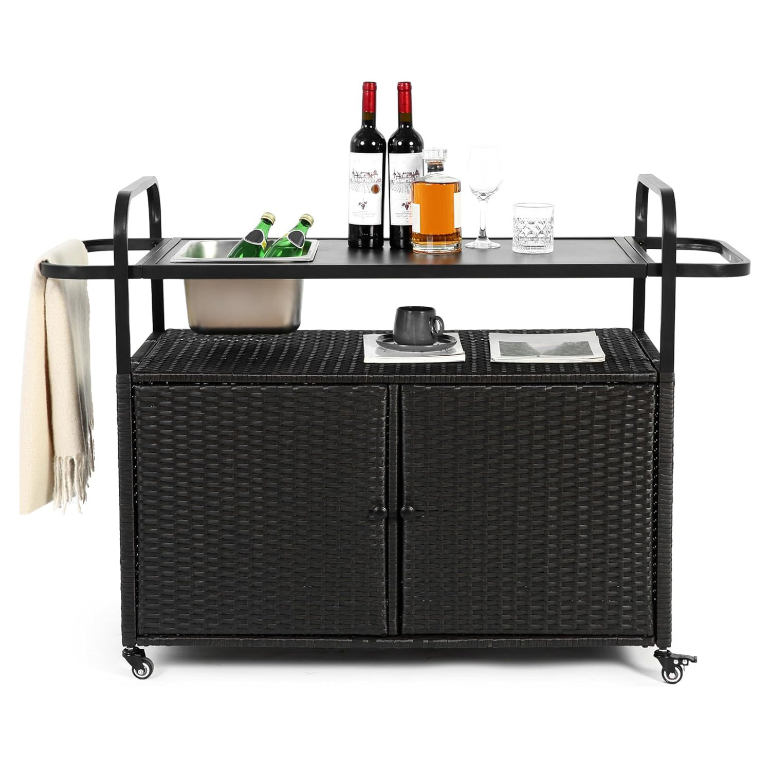 Latitude Run® Outdoor Kitchen Island Wicker Bar Table with Wheels and ...