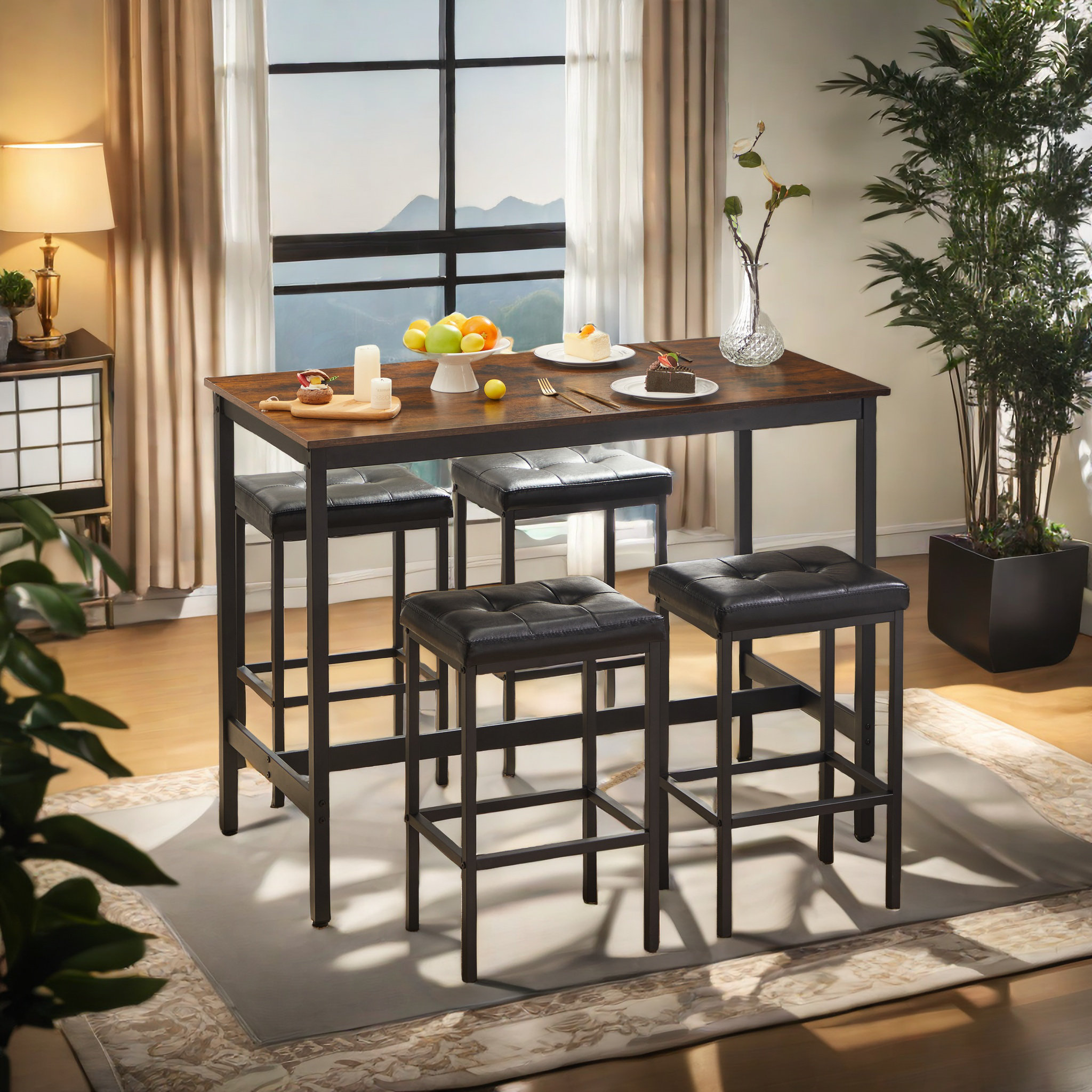 17 Stories Industrial Style Dining Set, 5-Piece Pub Table With PU ...