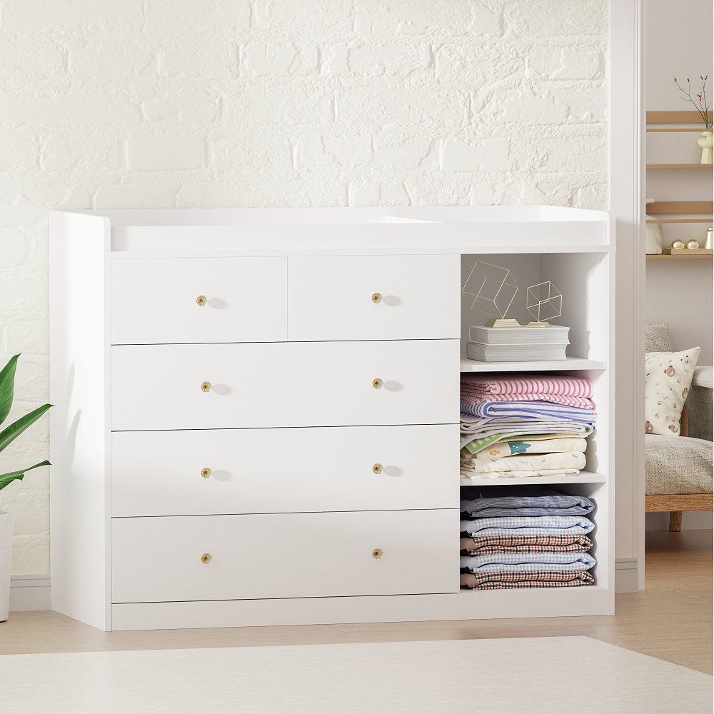 Ebern Designs 47.2'' Wood Changing Table Dresser with 5 Drawers, Baby ...