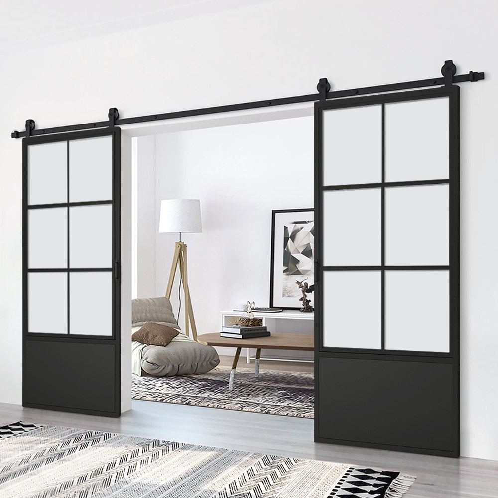 Calhome Glass and Metal Double Sliding Barn Door with Installation ...
