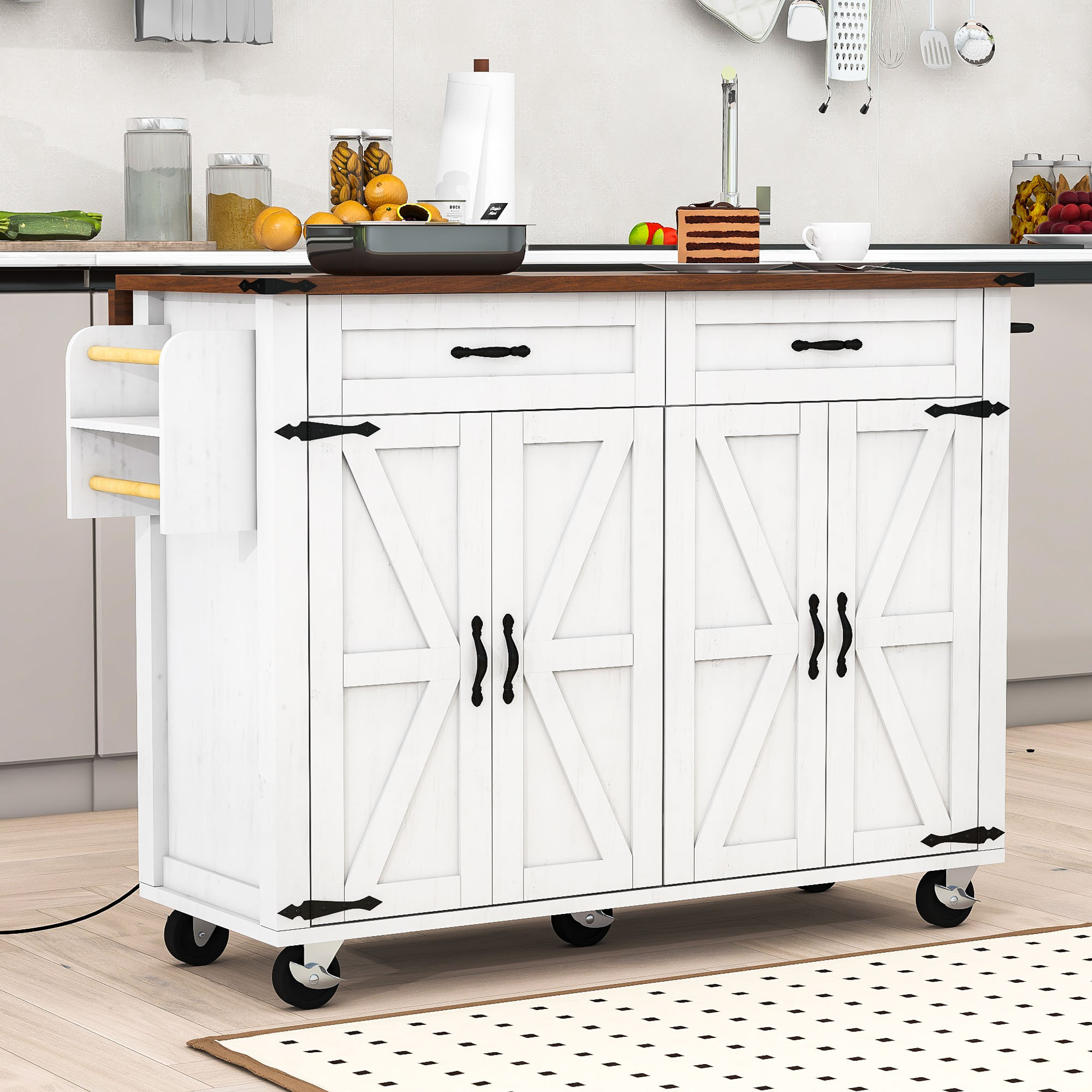 Gracie Oaks Helmut Rustic Kitchen Island with Built-In Charging Station ...