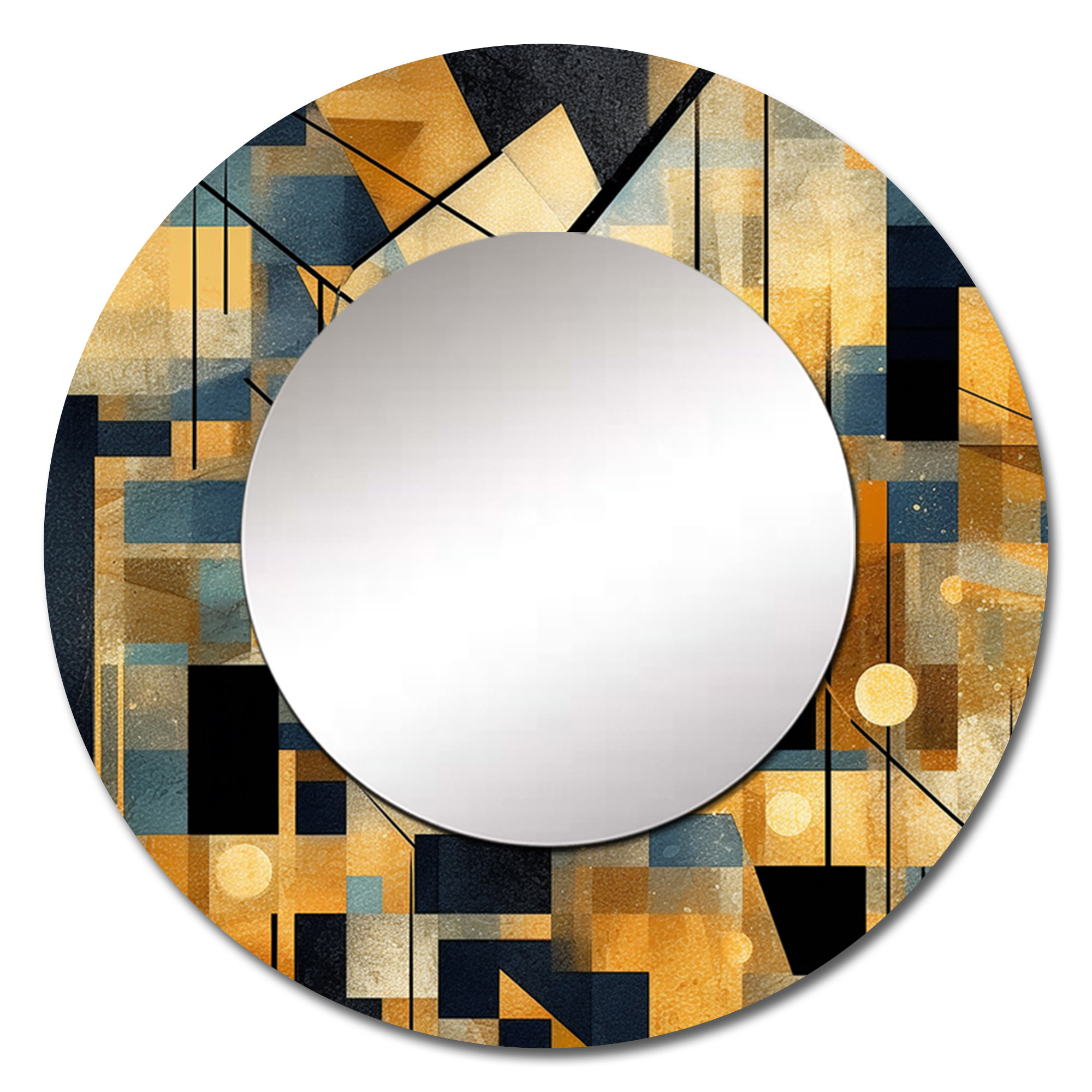 Design Art Gold Cubist Visions II - Cubism Large Mirror, Gold Round ...