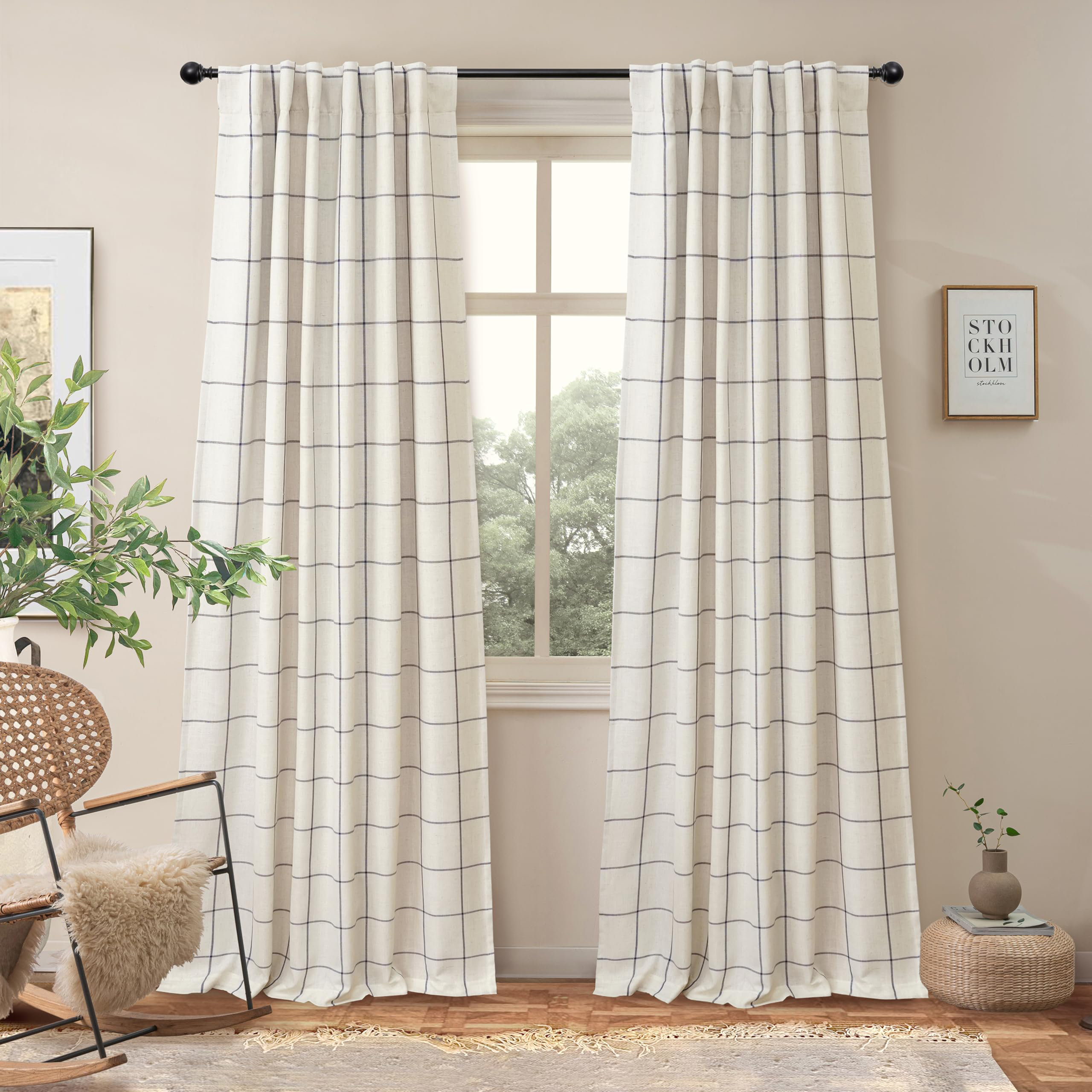Gracie Oaks 2 Panels 100% Blackout Windowpane Plaid Linen Curtains ...