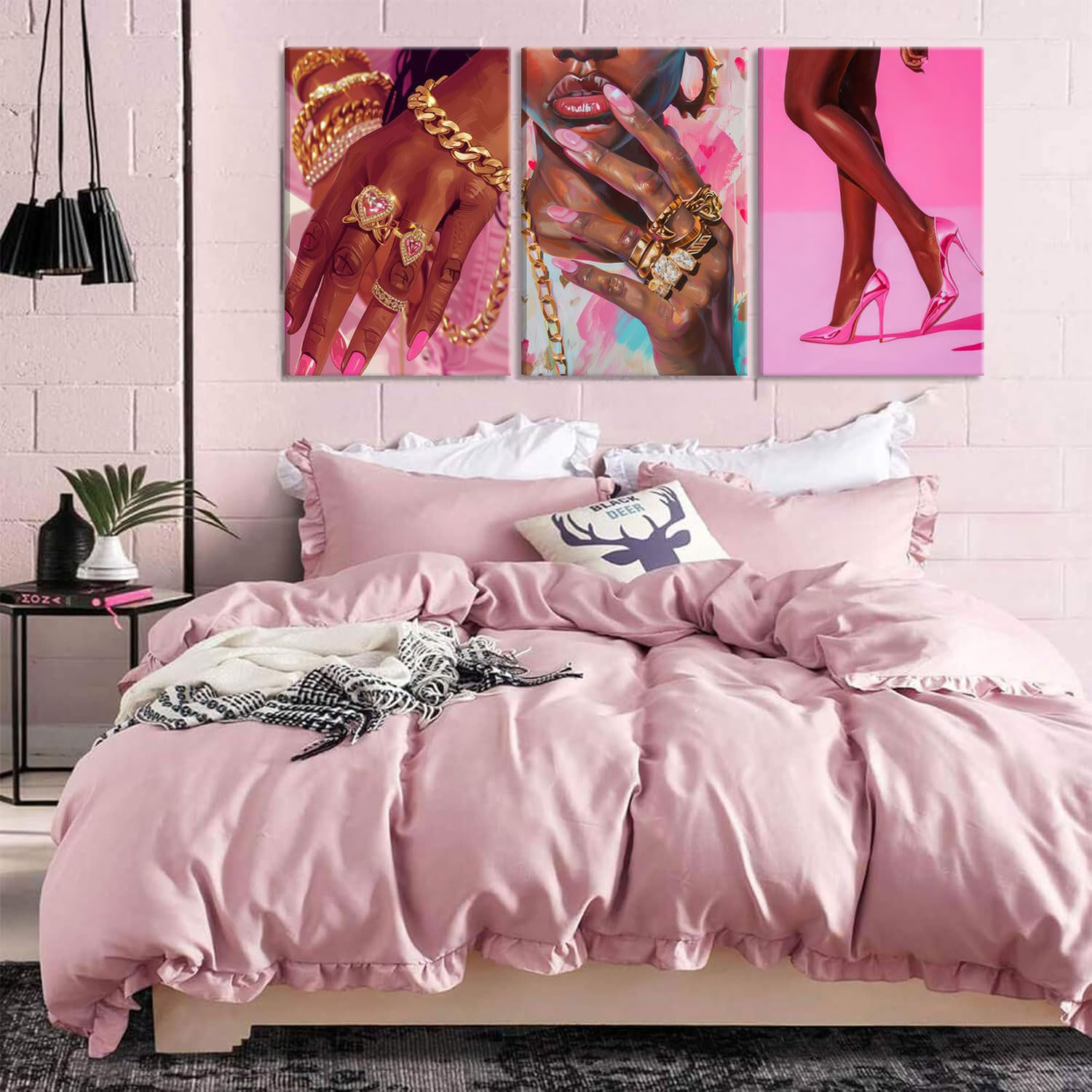 Mercer41 3Pcs Fashion Black Girl Canvas Wall Art African American Black Woman Wall Decor ...