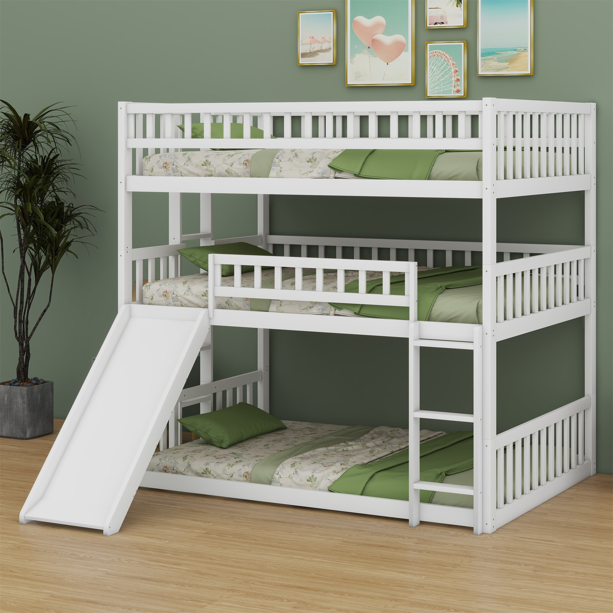 Harriet Bee Triple Bunk Bed With Built-In Ladder And Slide, Guardrails ...