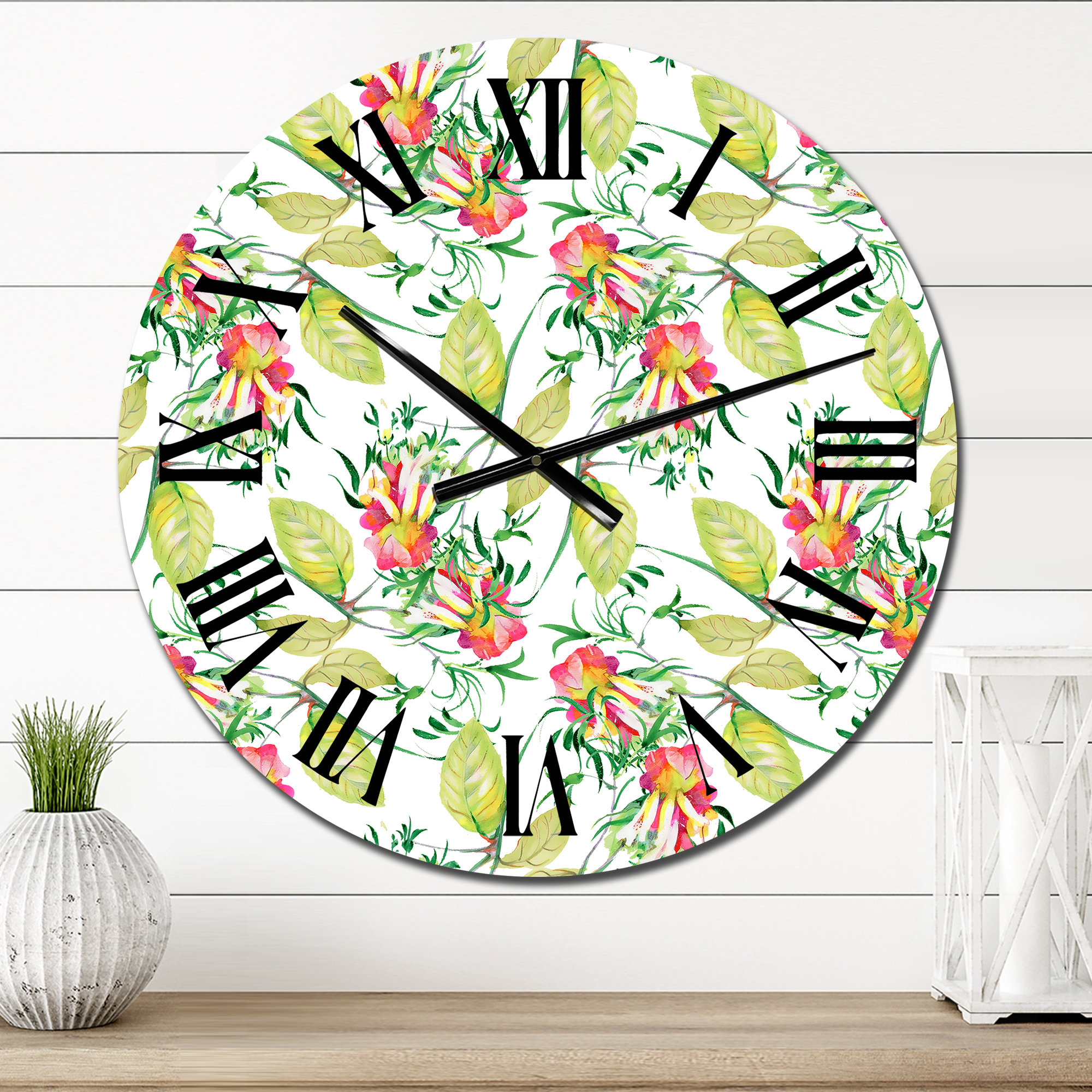 East Urban Home Red Flowers with Green Leaves - Patterned Wall Clock ...