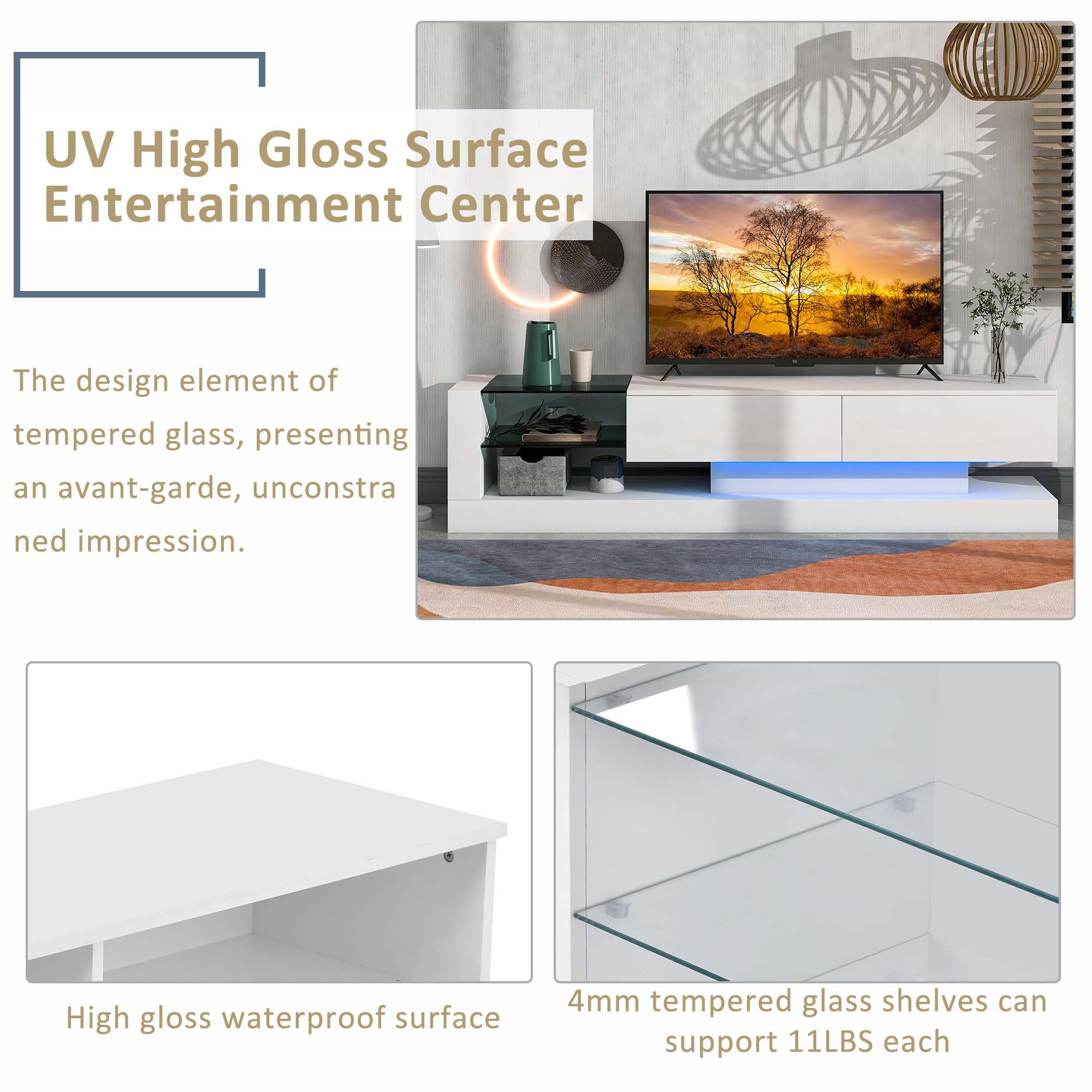 Impact Outdoor Modern High Gloss TV Stand For 75 Inch TV With Media ...